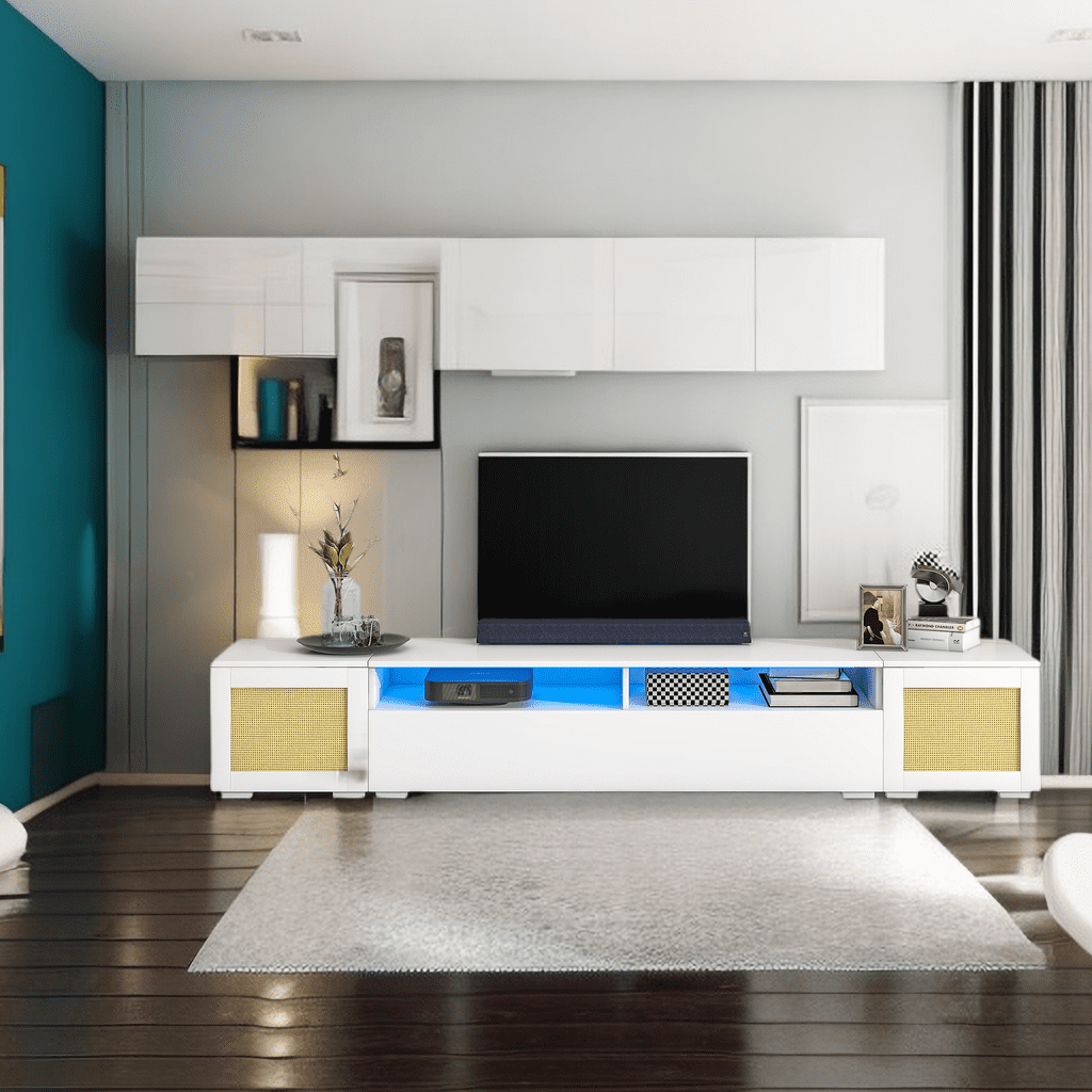 Rattan Style Entertainment Center with Push to Open Doors, 3-pics ...