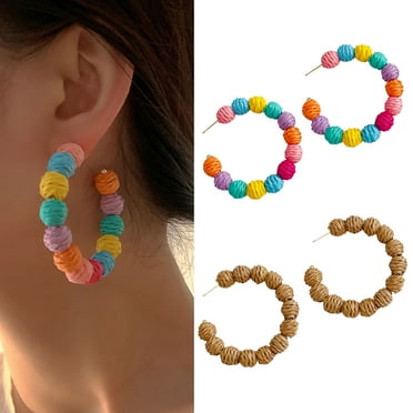 Bohemian Rattan Flower Drop Dangle Earring for Women Boho Colorful Raffia Straw Wicker Statement ...