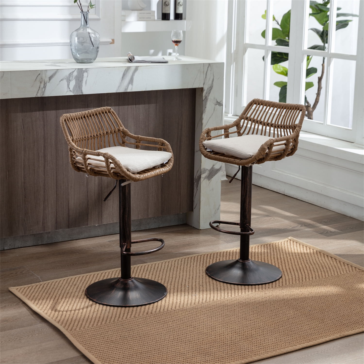 Rattan Swivel Bar Stools Set of 2, Adjustable Counter Height Bar Stools ...