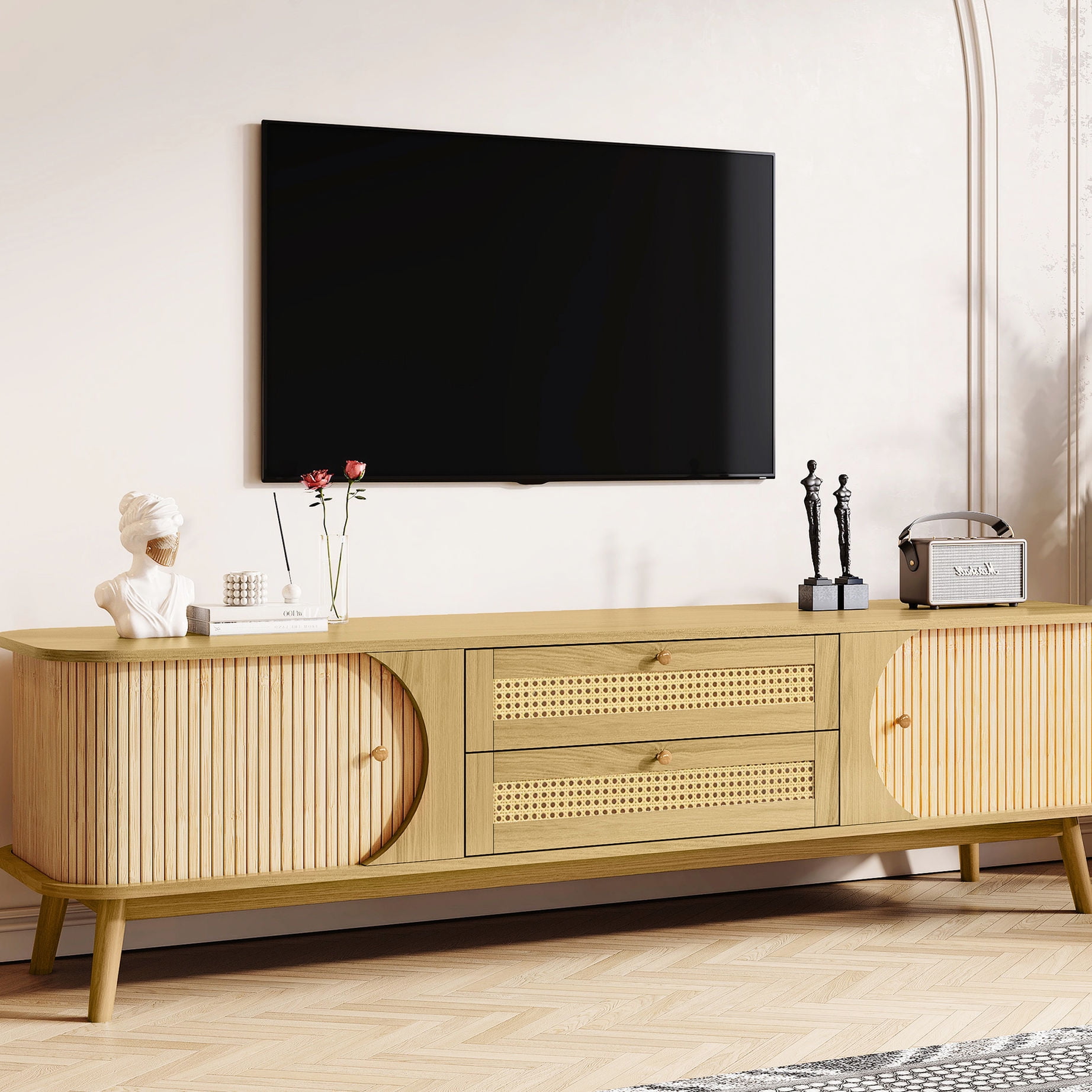 Rattan TV Cabinet with Cable Management and High Quality MDF Boards for ...