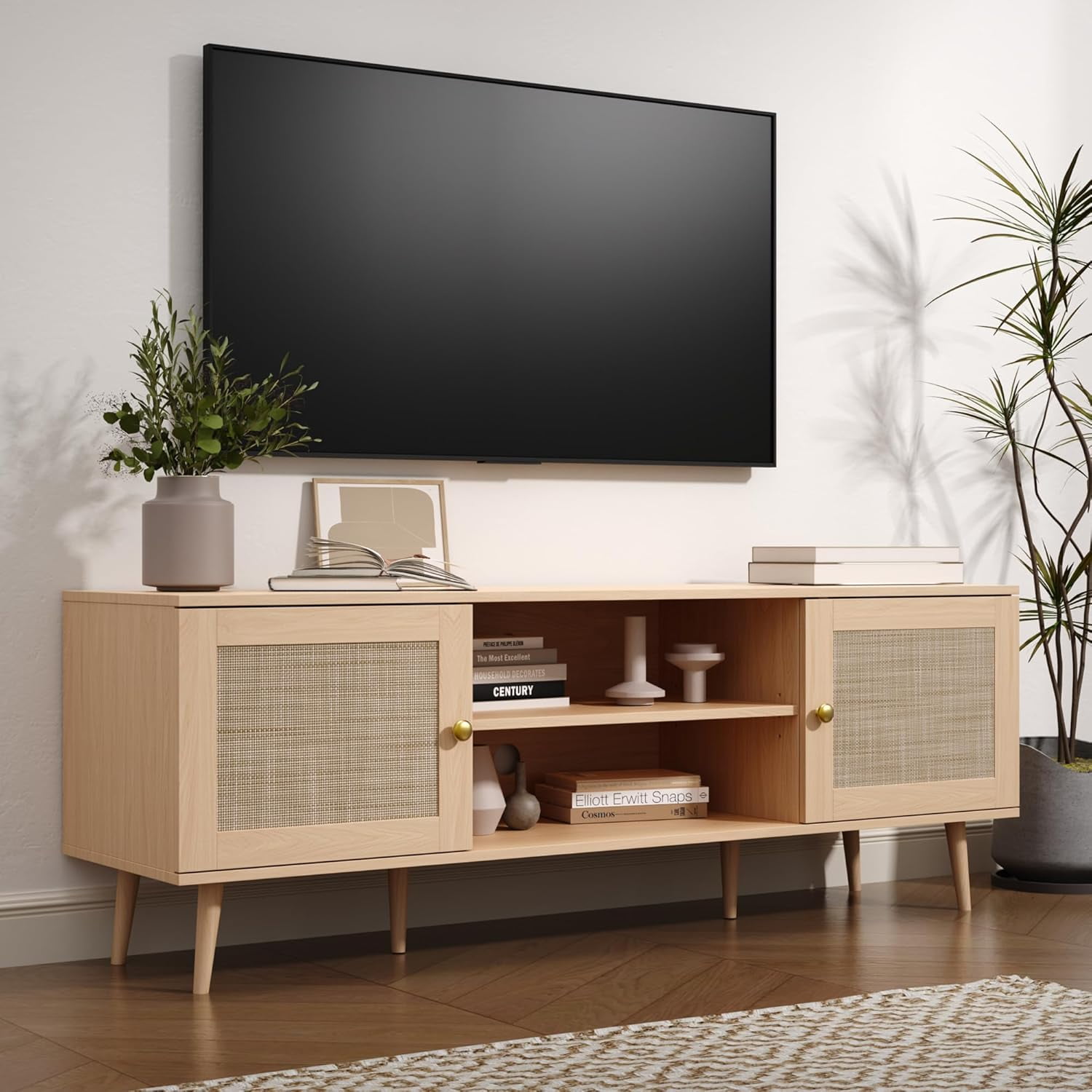 Rattan TV Stand for 55/60/65/70 inch TV, Boho 59" Entertainment Center ...