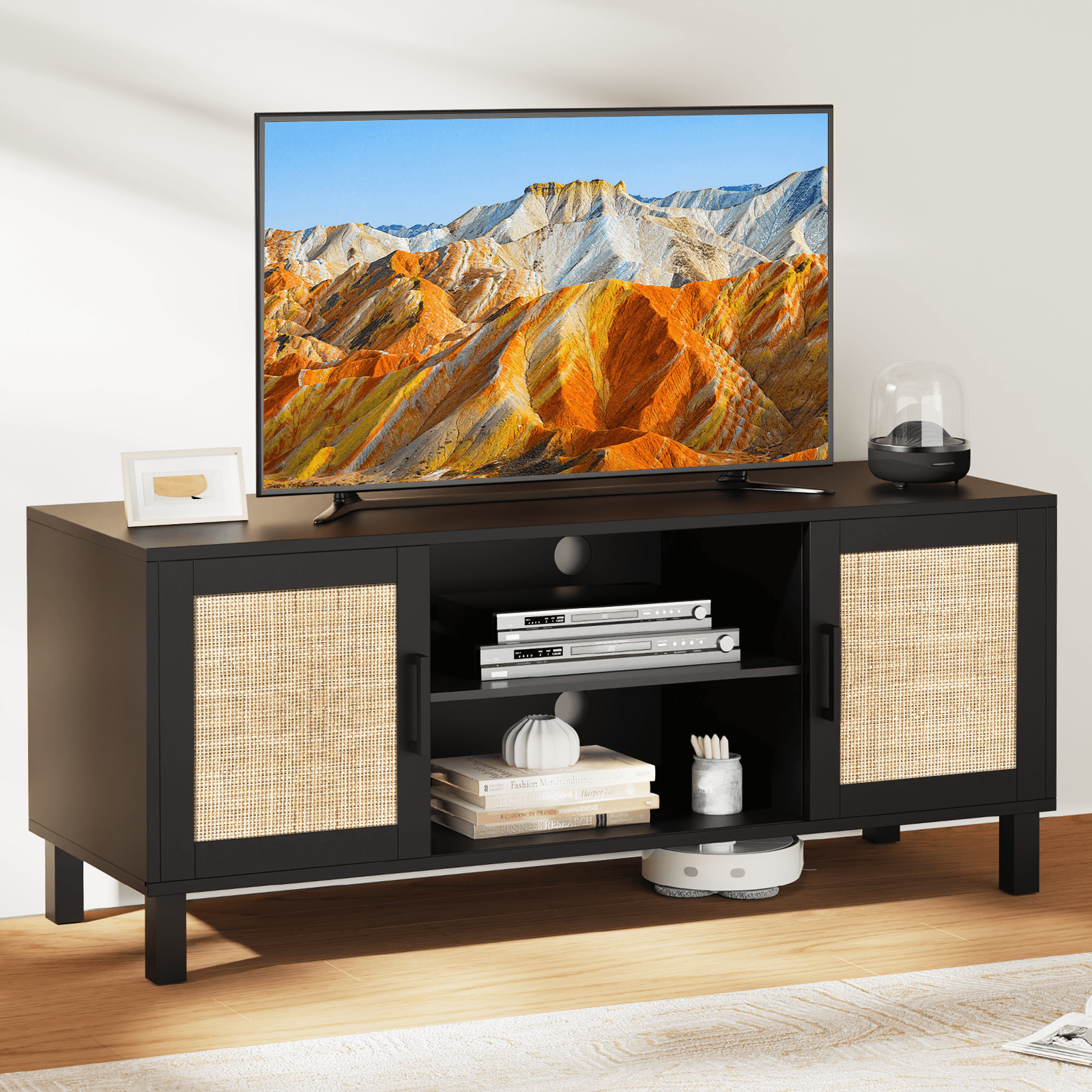 Rattan TV Stand for 55 Inch TV Boho Farmhouse TV Console Media Cabinet ...