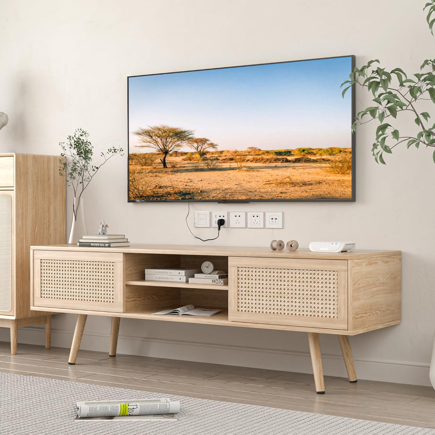 Rattan TV Stand for 55 Inch TV,Boho TV Console Media Cabinet with Sliding Rattan Doors,Farmhouse ...