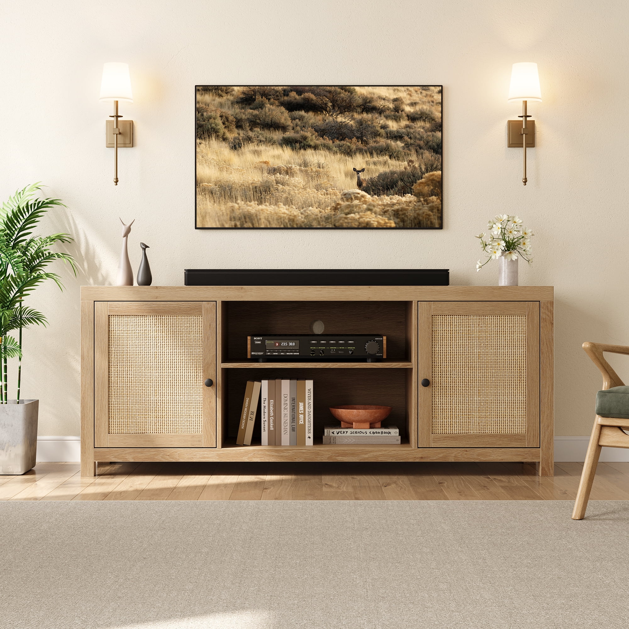 Rattan TV Stand for 65/75 Inch, Entertainment Center with Storage and ...