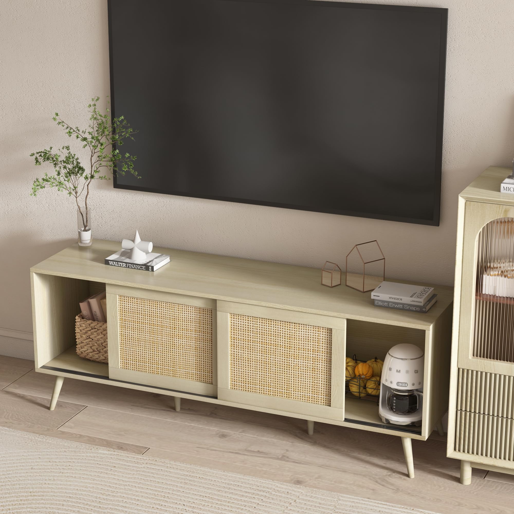 Rattan TV Stand for 65 Inch TV Boho TV Console Media Cabinet with ...