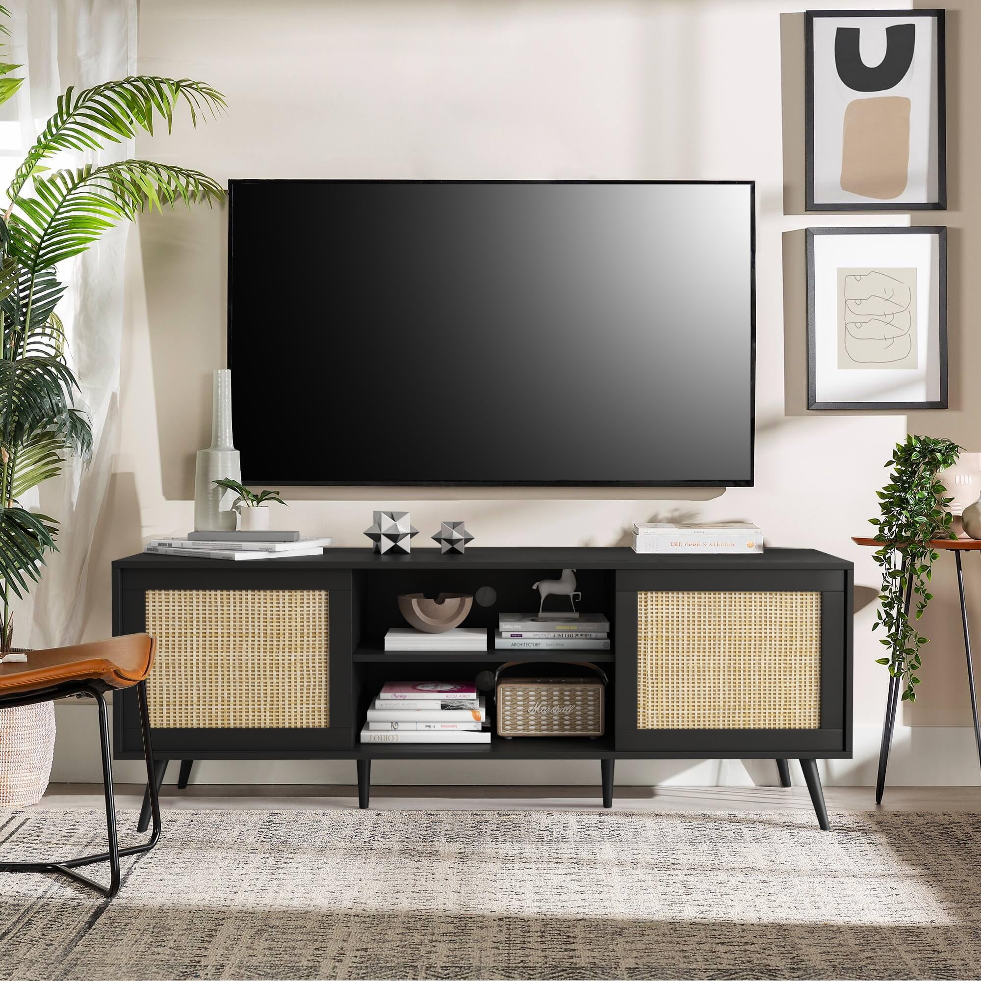 Rattan TV Stand for 65 Inch TV Boho TV Console Media Cabinet with ...