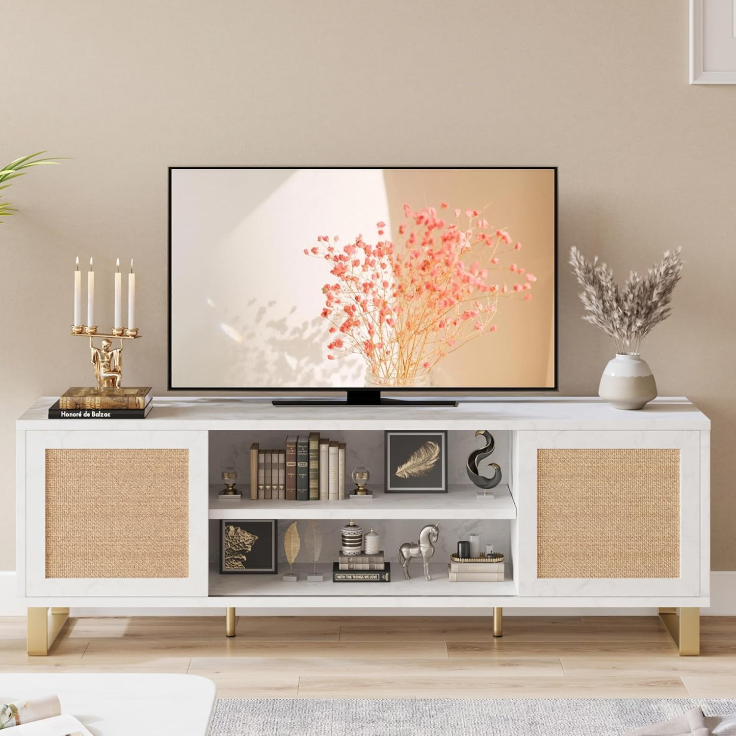 Rattan TV Stand for 65 Inch, Modern Entertainment Center with Marble ...