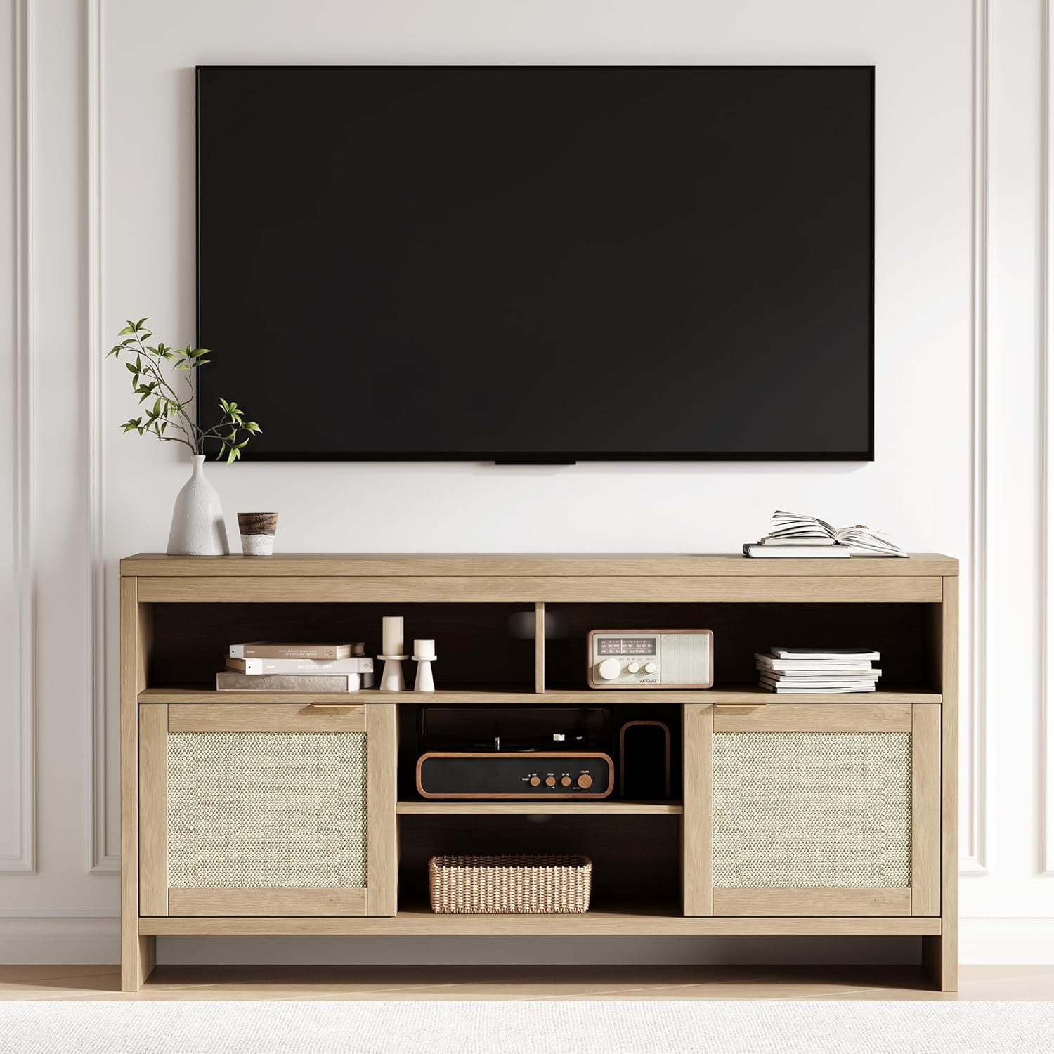 Rattan TV Stand for 65 Inch TV, 58'' Farmhouse Entertainment Center ...
