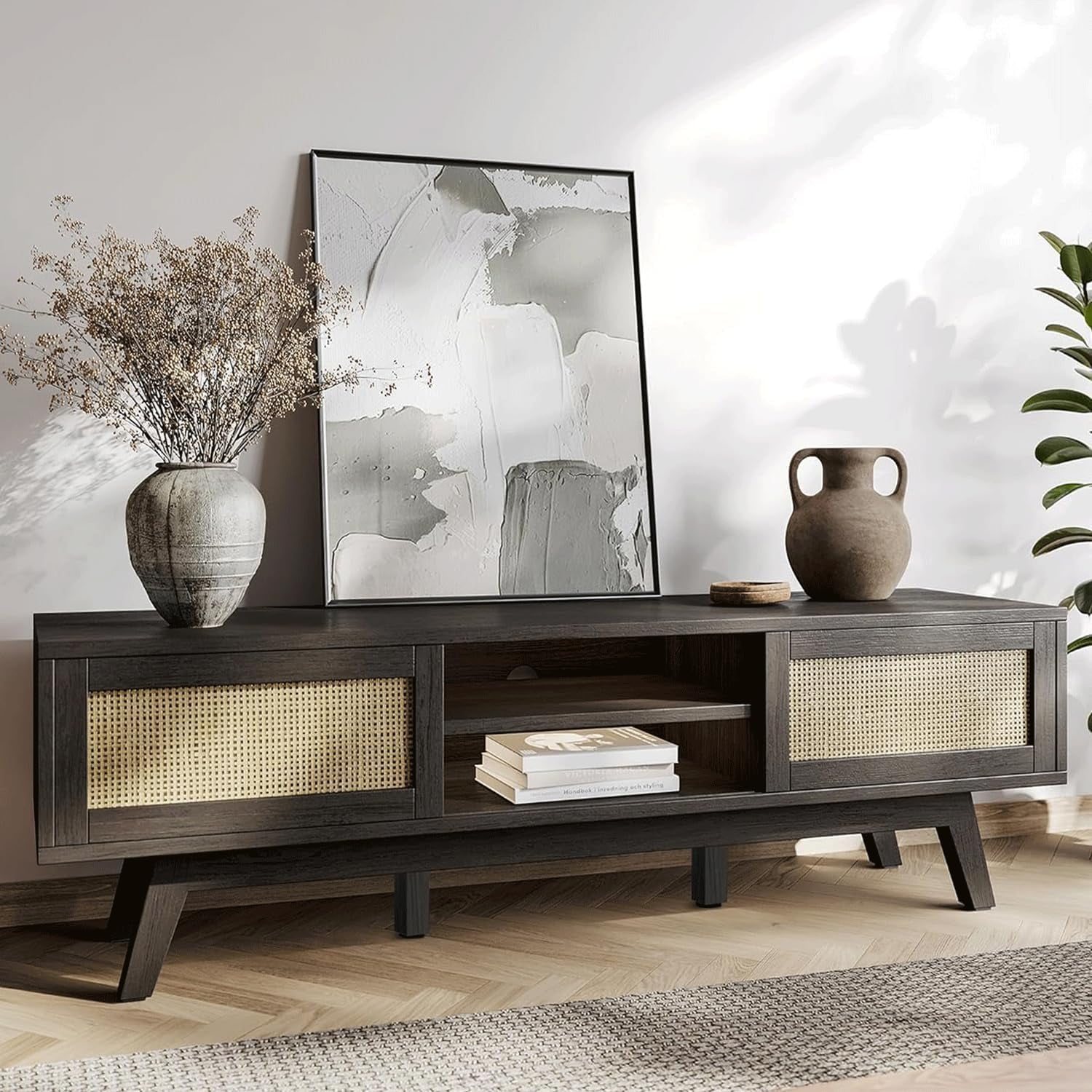 Rattan TV Stand for 65 Inch TV, Boho Black TV Console with Sliding ...