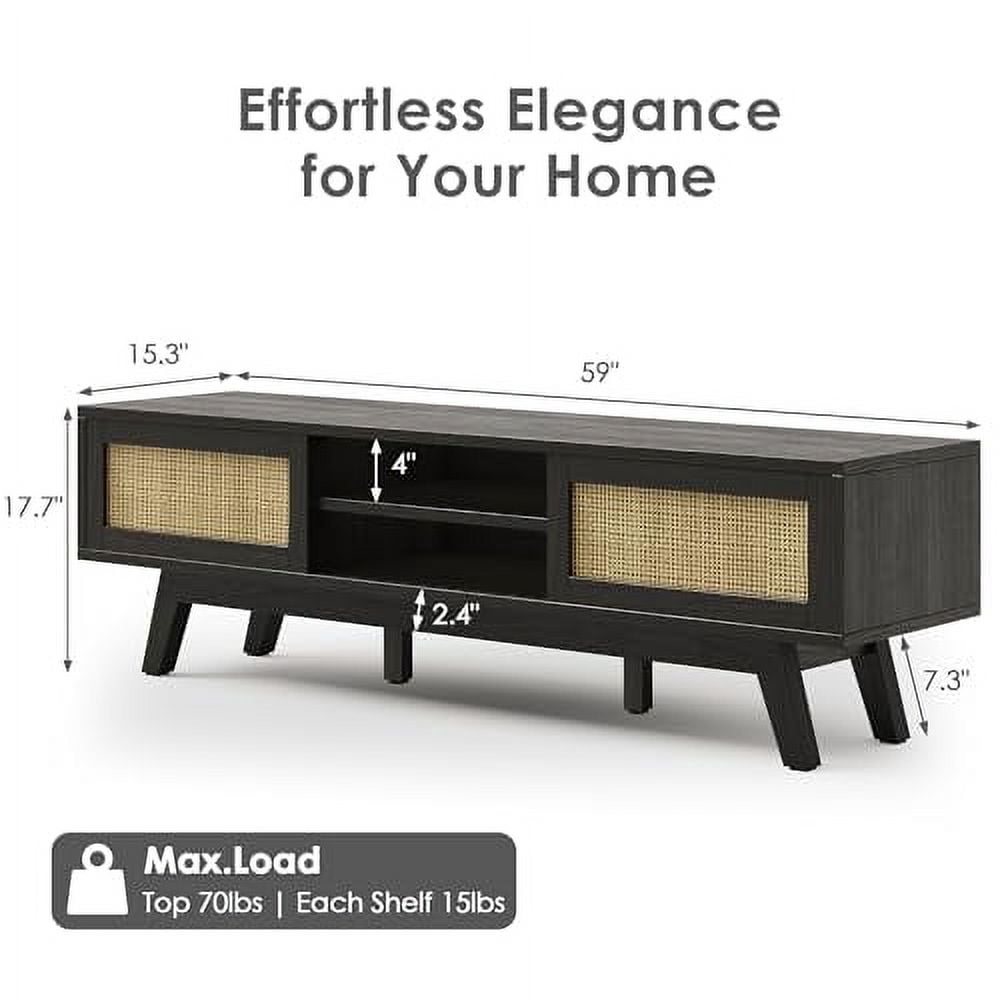 Rattan TV Stand for 65 Inch TV, Boho Black TV Console with Sliding ...