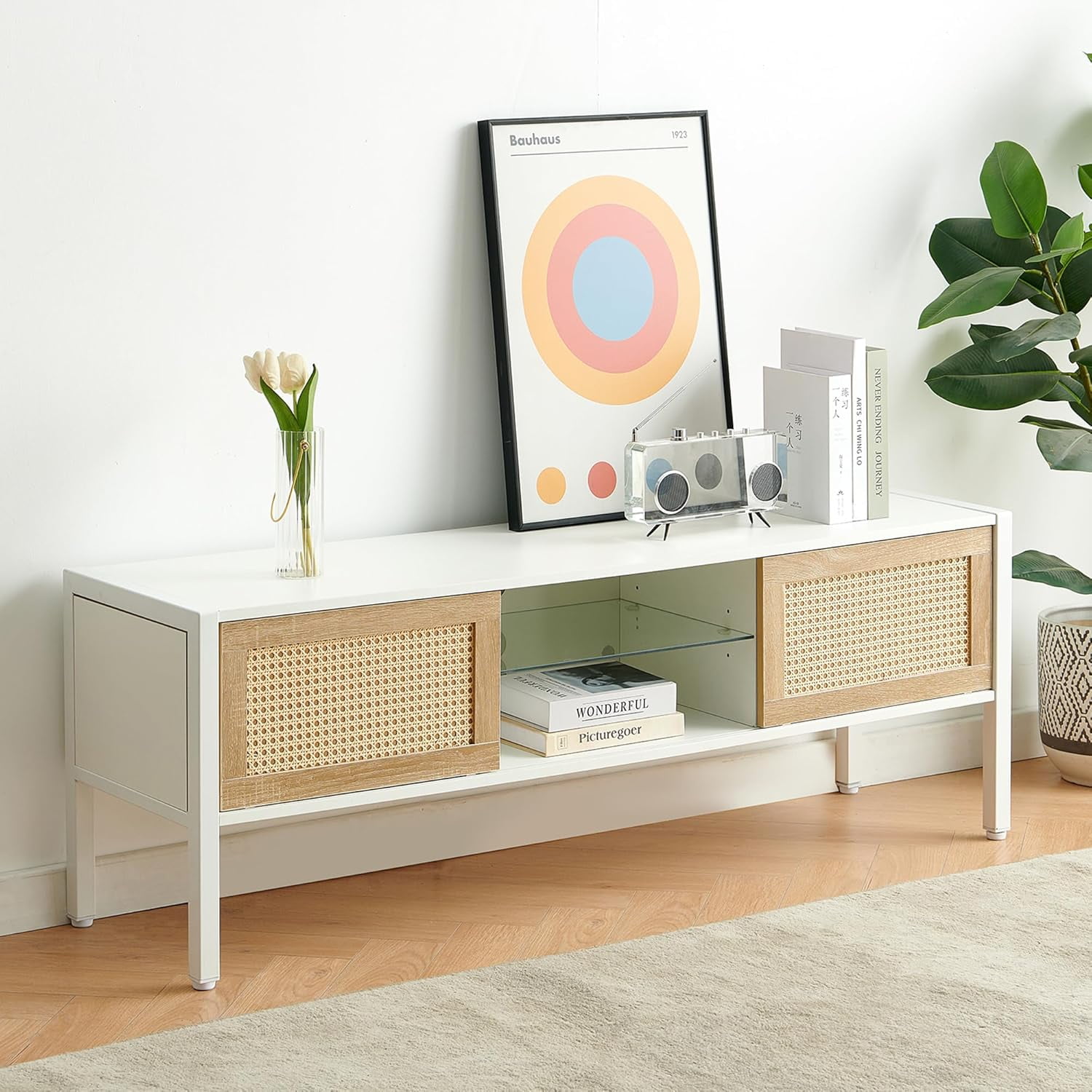 Rattan TV Stand for 65 Inch TV, Boho Entertainment Center with ...