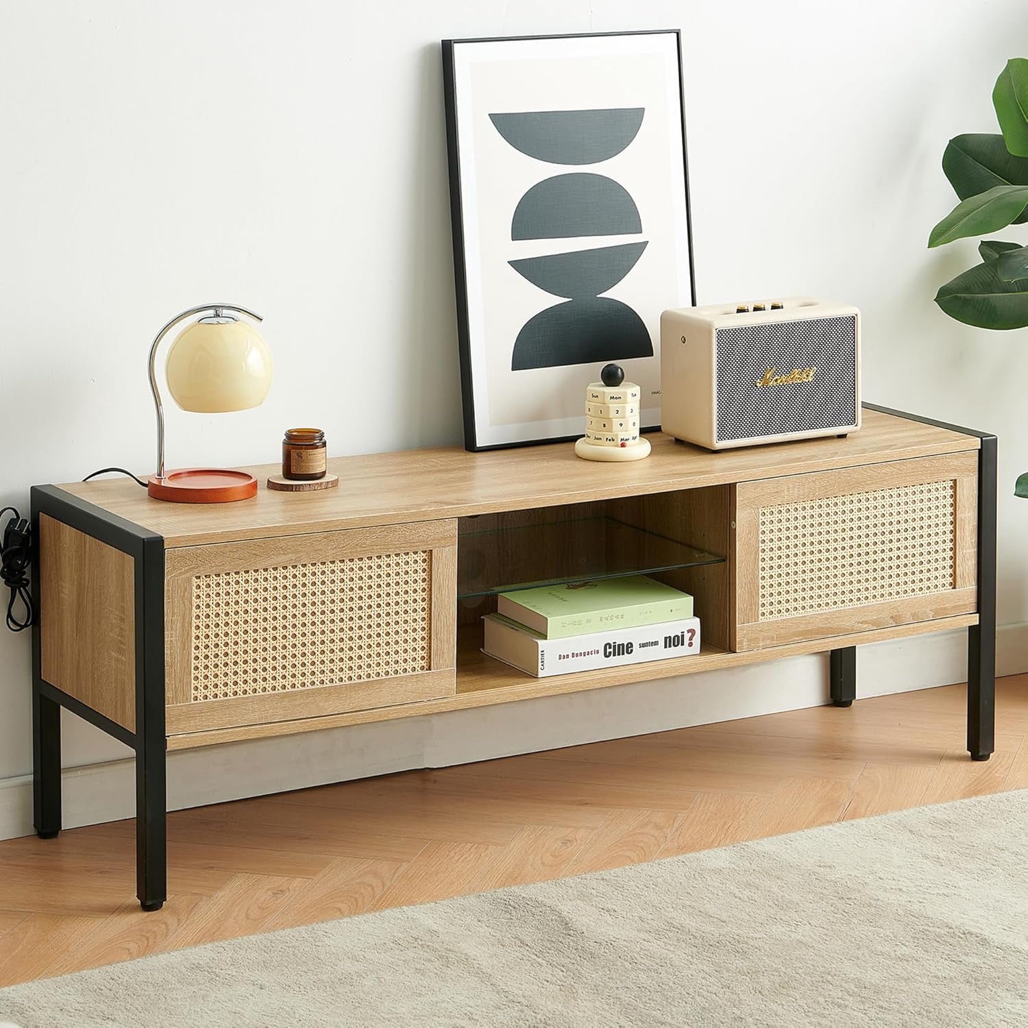 Rattan TV Stand for 65 Inch TV, Boho Entertainment Center with ...