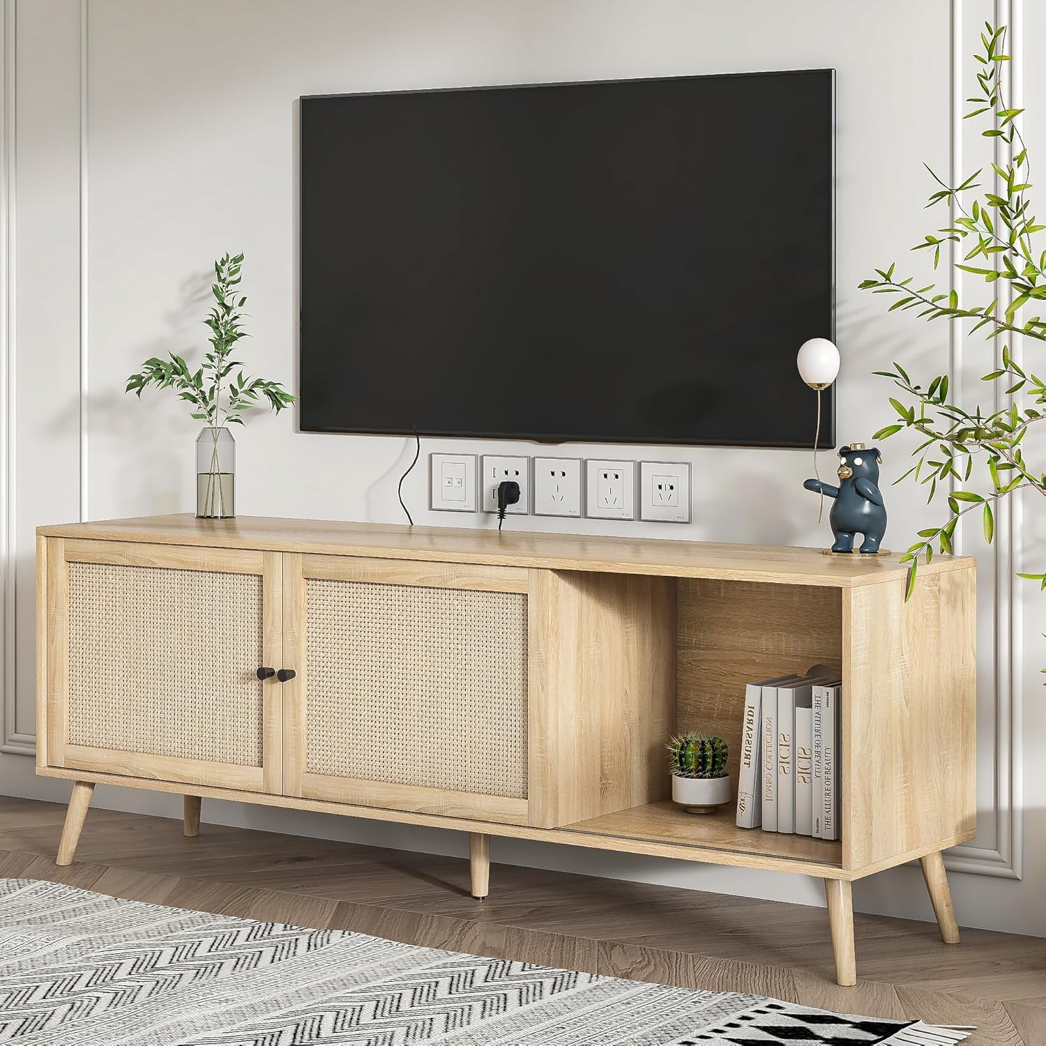 Rattan TV Stand for 65 Inch TV Boho TV Console Media Cabinet with ...