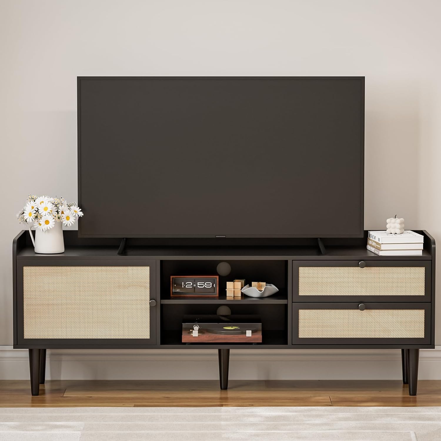 Rattan TV Stand for 65 Inch TV Entertainment Center with Storage ...