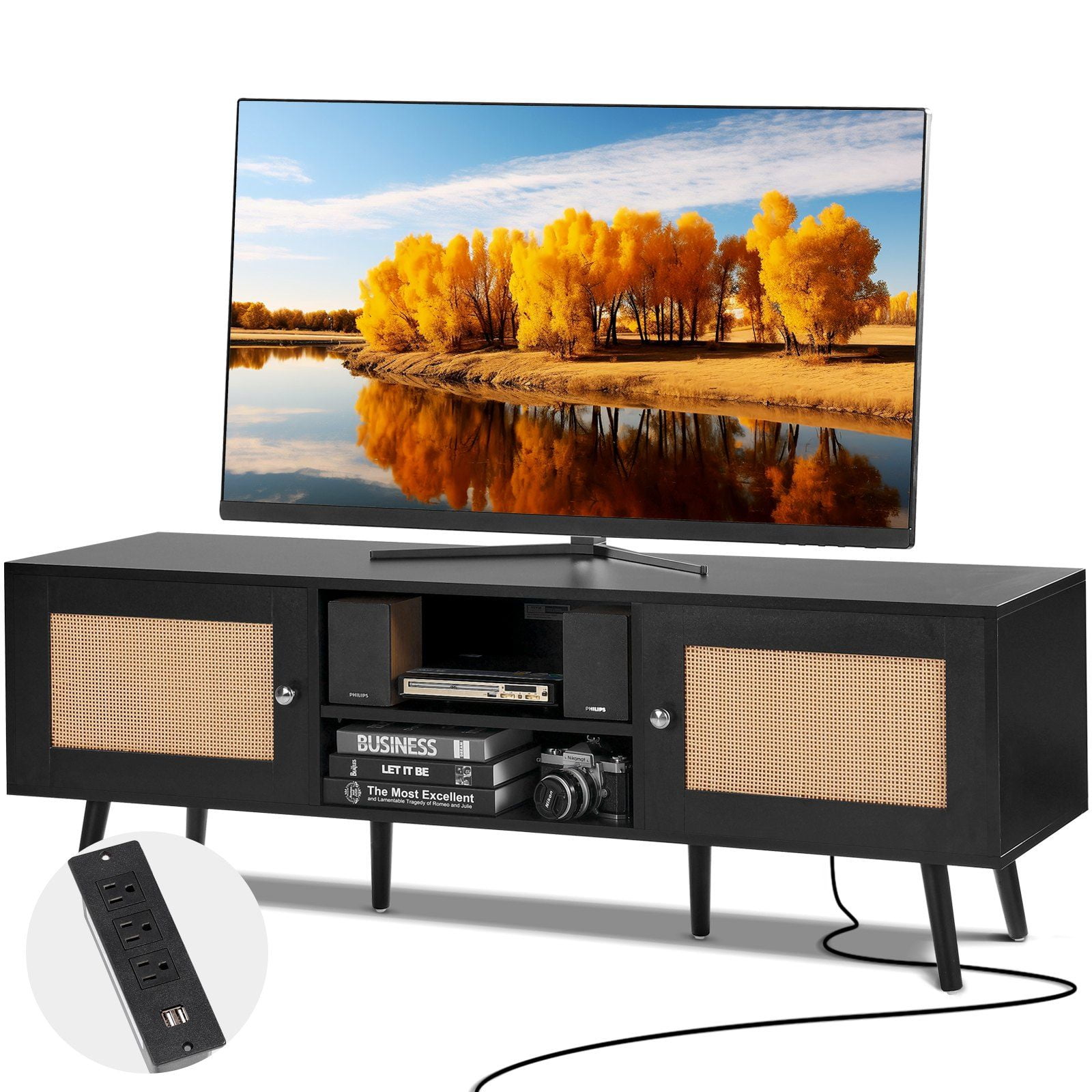 Rattan TV Stand for 65 inch TV, Boho TV Stand with Rattan Door ...