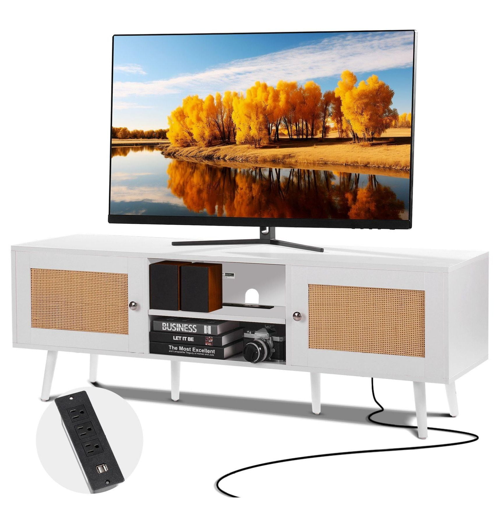 Rattan TV Stand for 65 inch TV, Boho TV Stand with Rattan Door ...