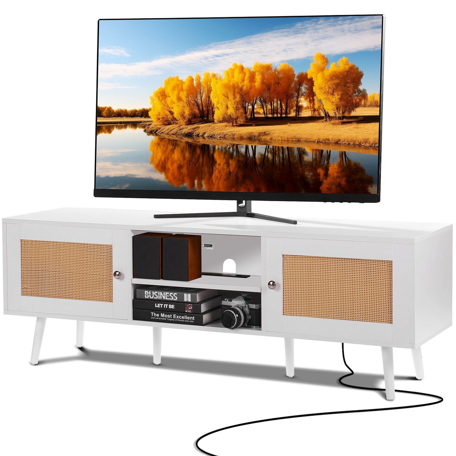 Rattan TV Stand for 65 inch TV, Boho TV Stand with Rattan Door ...