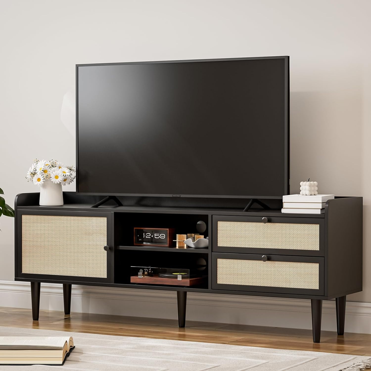 Rattan TV Stand for 75 Inch, Mid Century Modern TV Stand with Natural ...