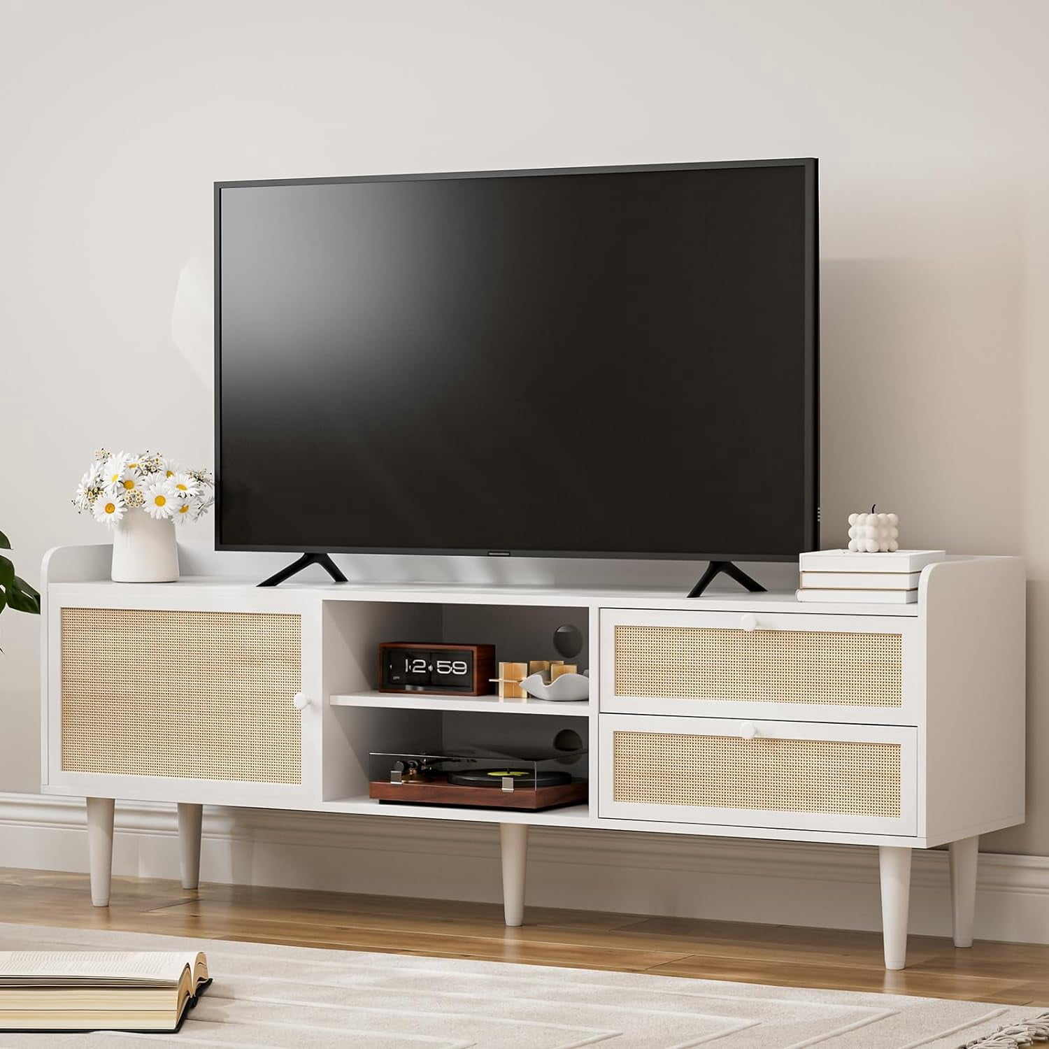 Rattan TV Stand for 75 Inch, Mid Century Modern TV Stand with Natural ...
