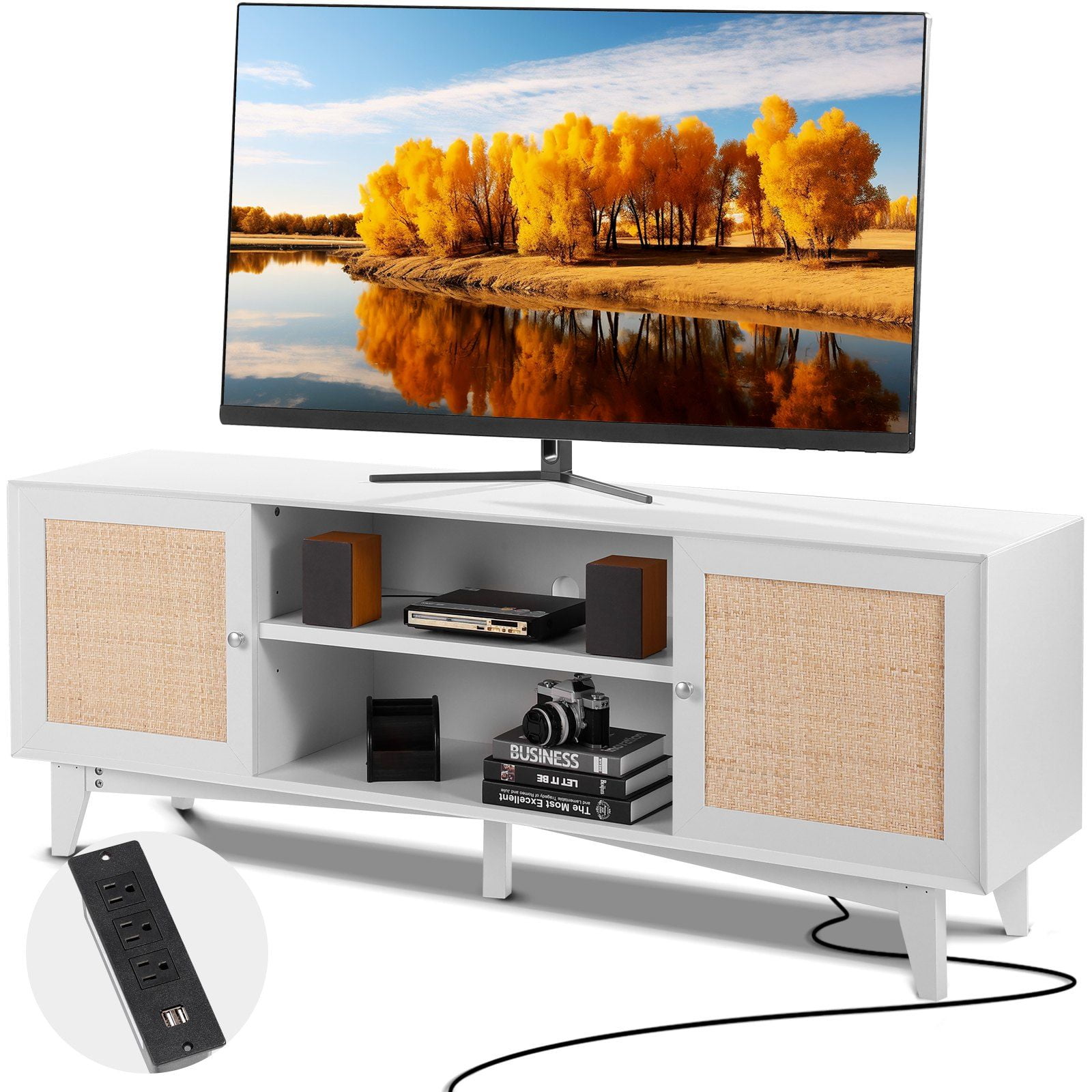 Rattan TV Stand for 75 Inch TV, Boho Media Console with Built-in Socket ...