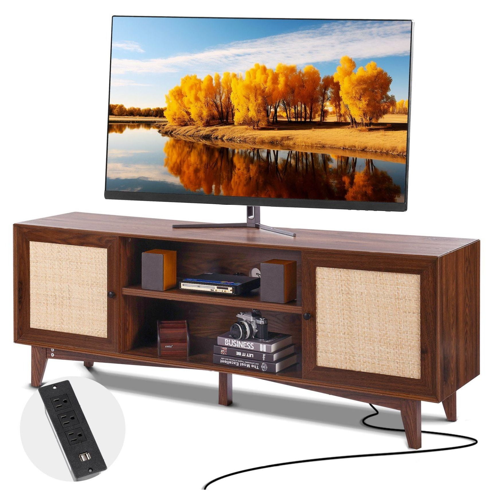 Rattan TV Stand for 75in TV, Boho TV Stand with Rattan Door ...