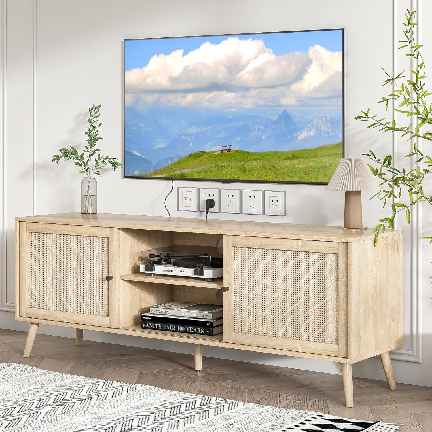 Rattan TV Stand, Farmhouse TV Stand with Storage, Boho TV Console Table ...
