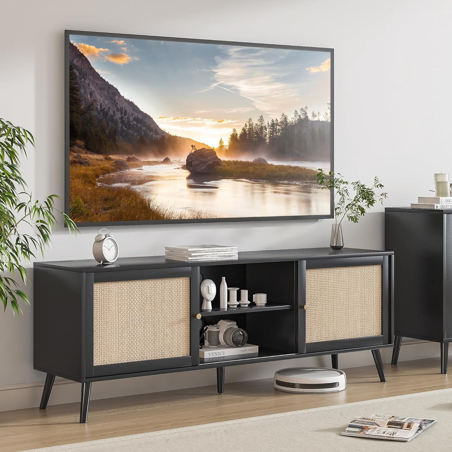 Rattan TV Stand, Farmhouse TV Stand with Storage, Boho TV Console Table ...