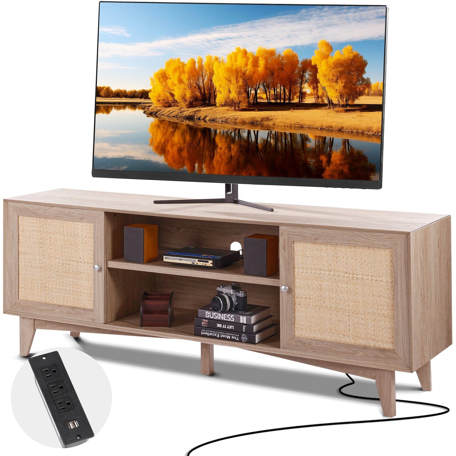 Rattan TV Stand, Mid Century Modern TV Stand for 75 inch TV, Boho ...
