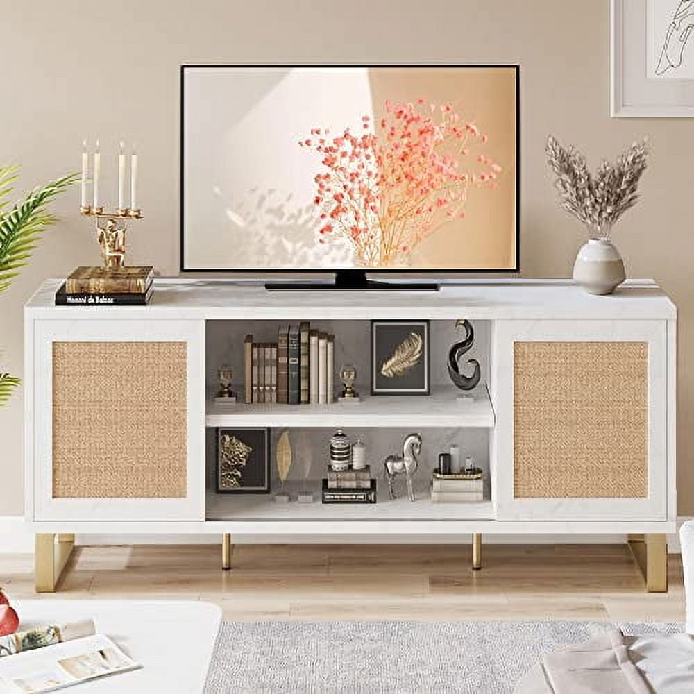 Rattan TV Stand, Modern Entertainment Center for 65 Inch TV, White TV ...