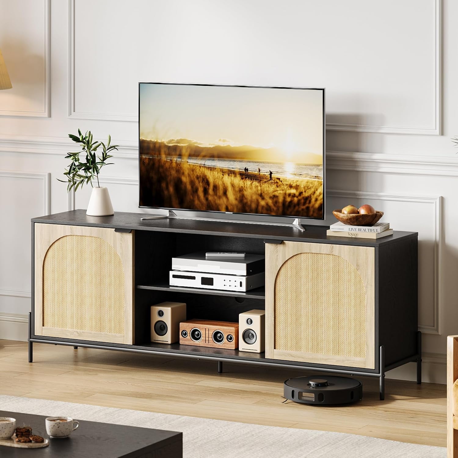 Rattan TV Stand for TV up to 75 Inches, Mid Century Modern TV Console ...