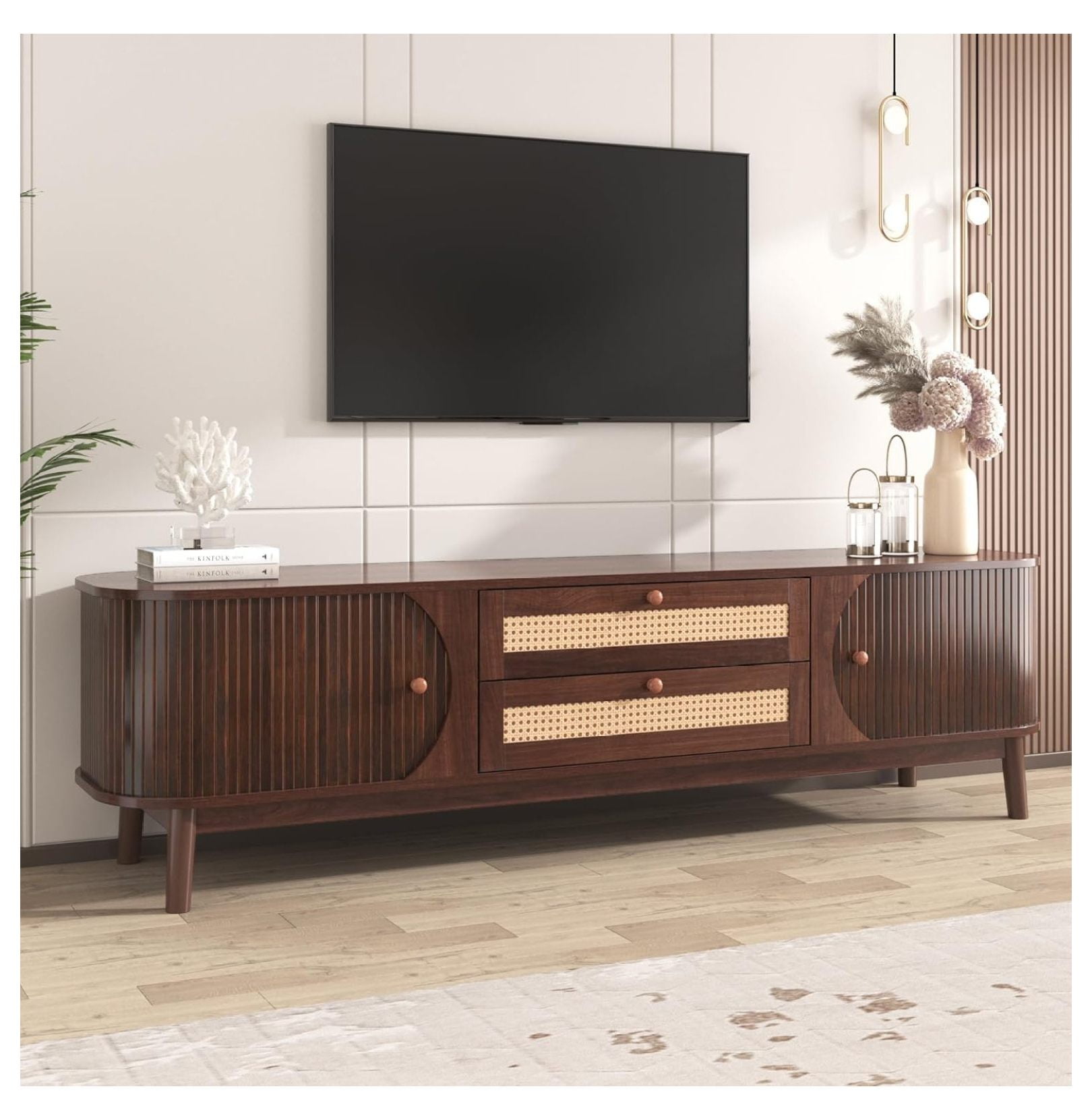 Rattan TV Stand for TVs up to 75'', Boho Entertainment Center with 2 ...