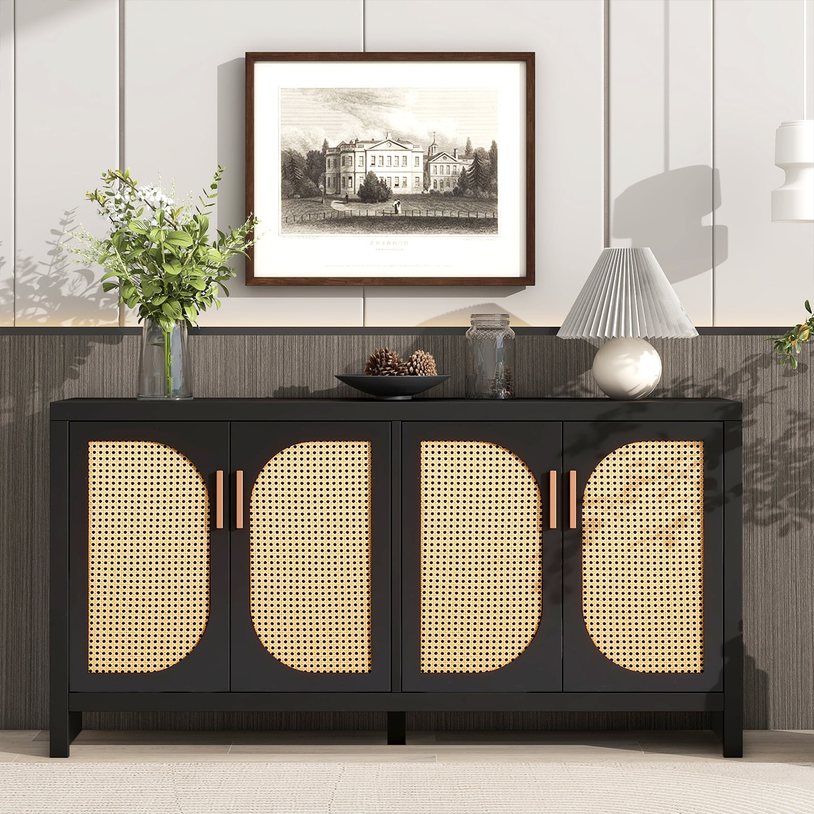 Rattan TV Stand, Adjustable Shelves, Wicker Doors, Storage Cabinet 59.1 ...