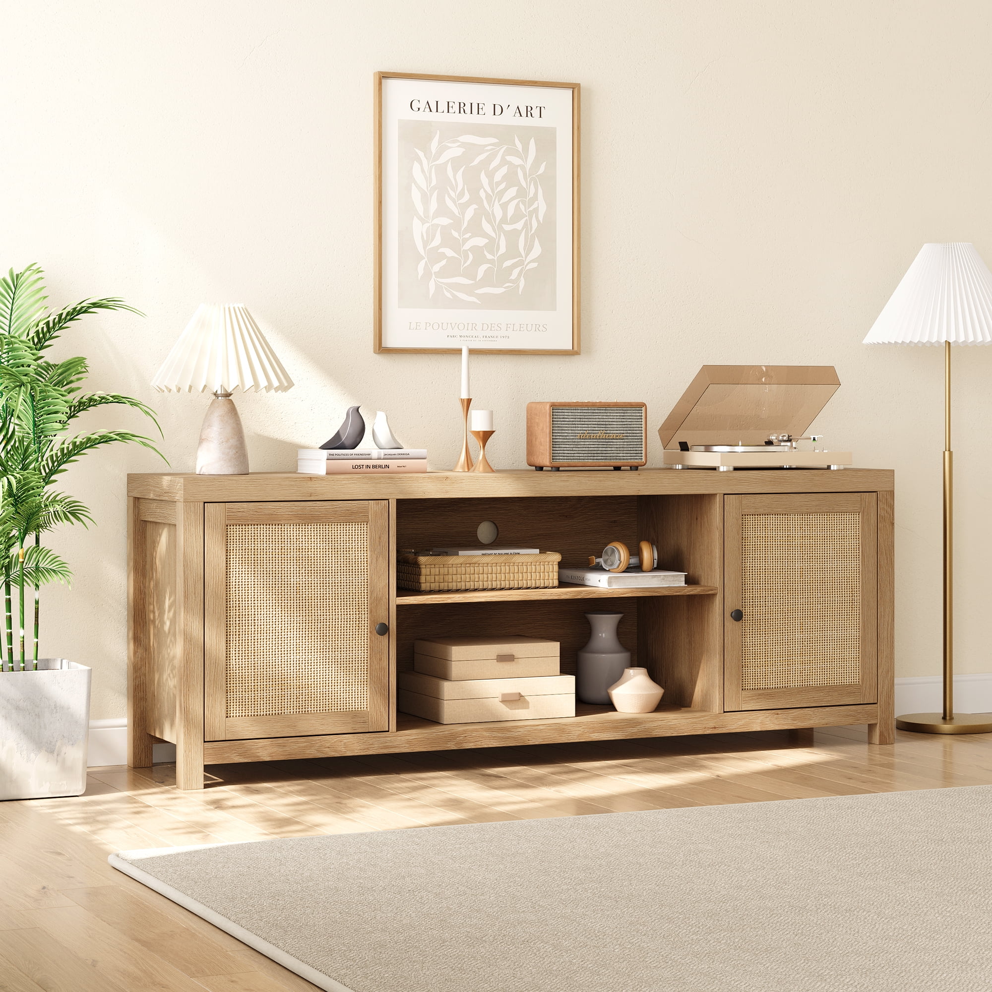 Rattan TV Stand for 65 Inch, Boho Entertainment Center with Storage and ...