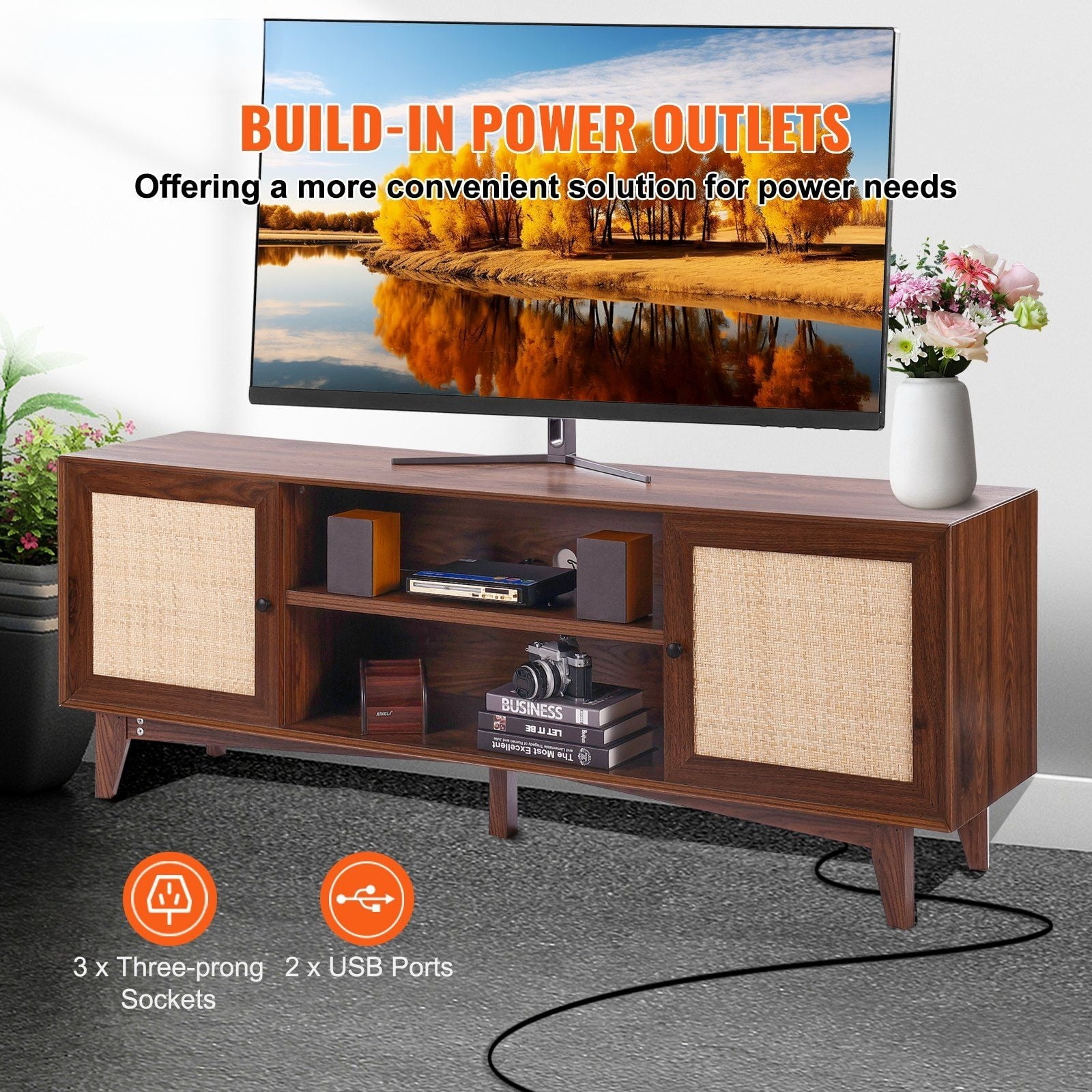 Rattan TV Stand for 75 Inch TV with Built-in Outlet, Boho Entertainment ...