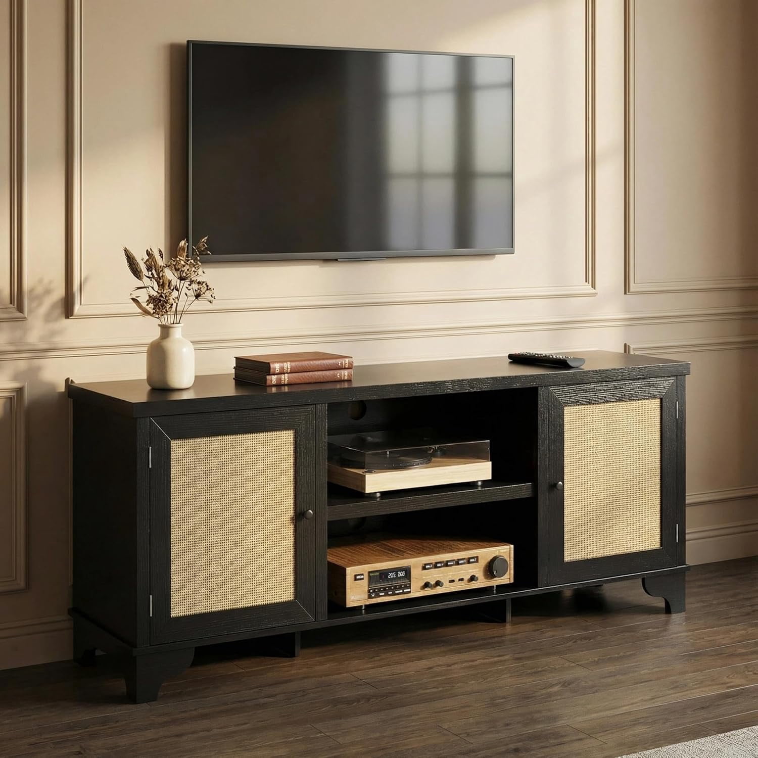 Rattan TV Stand for TVs Up to 65 Inches, Boho Entertainment Center ...