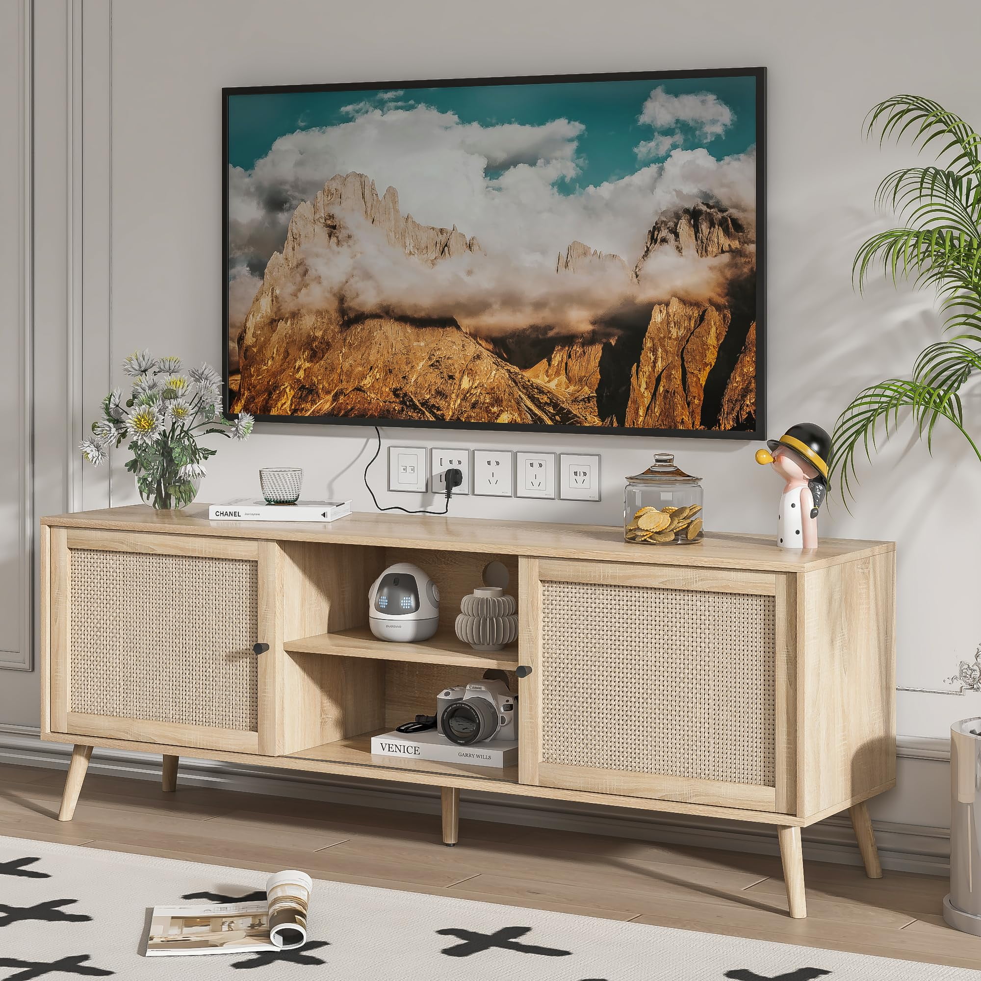 Rattan TV Stand for Up to 70" TV, Entertainment Center with Rattan Door ...