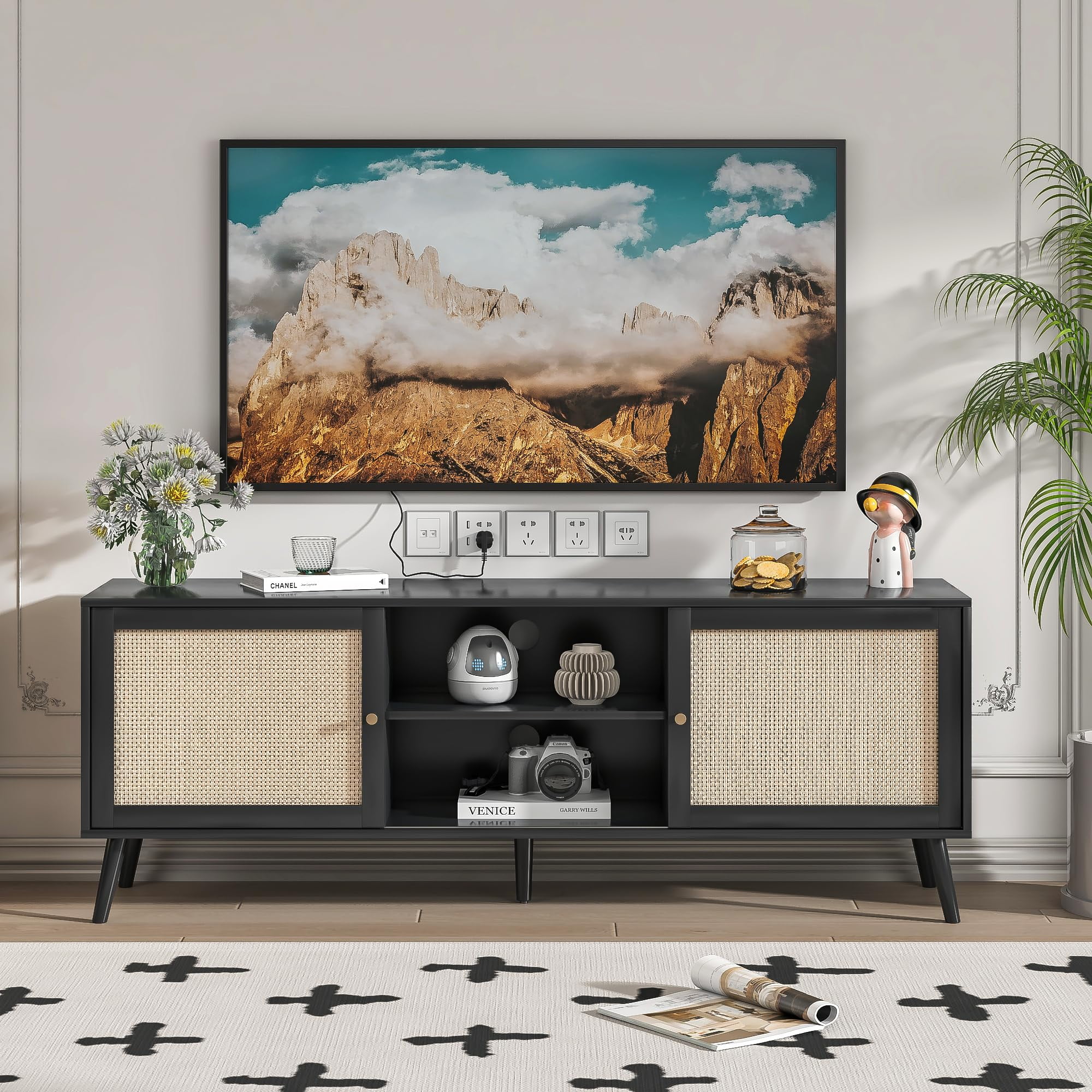 Rattan TV Stand for Up to 70" TV, Entertainment Center with Rattan Door ...