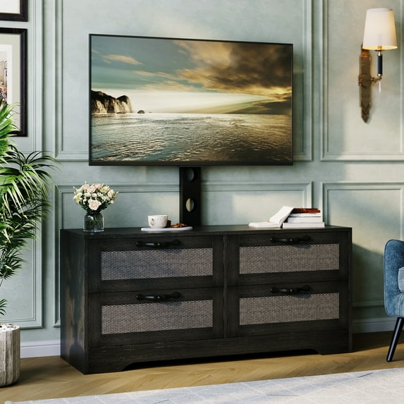 Rattan TV Stand with Mount – 4-Drawer Dresser Entertainment Center for ...