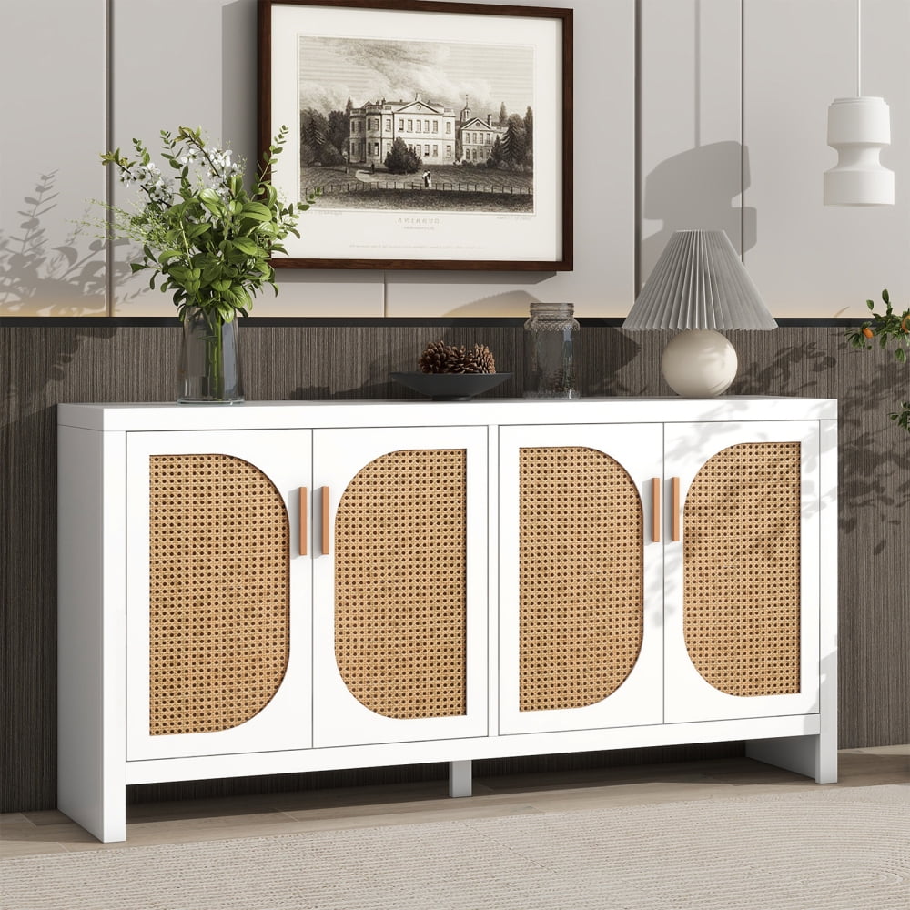 Rattan TV Stand with Wicker Doors and Adjustable Shelves, Wood Modern ...