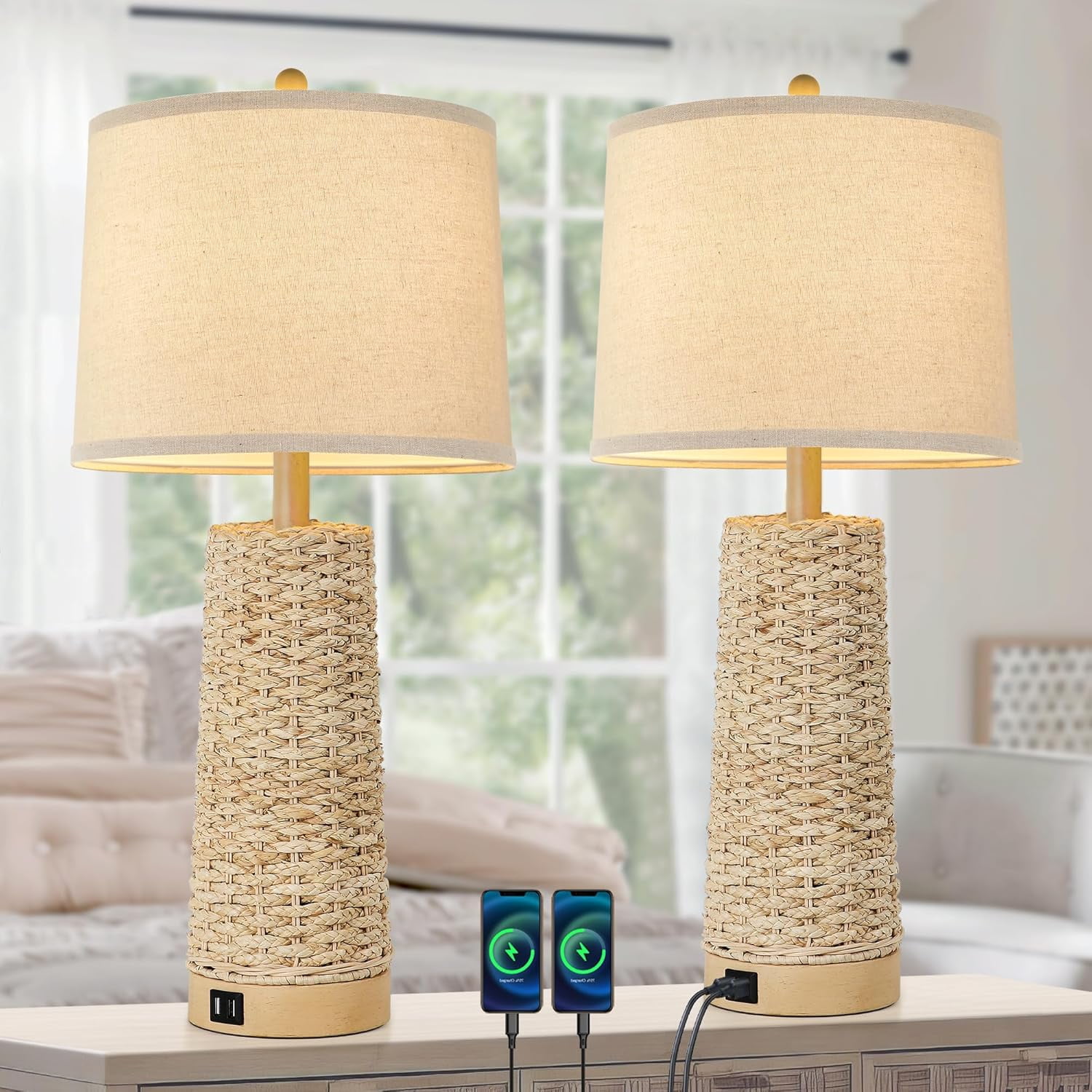 Rattan Table Lamp Set of 2, 27 inch Large Wicker Table Lamp with Dual ...