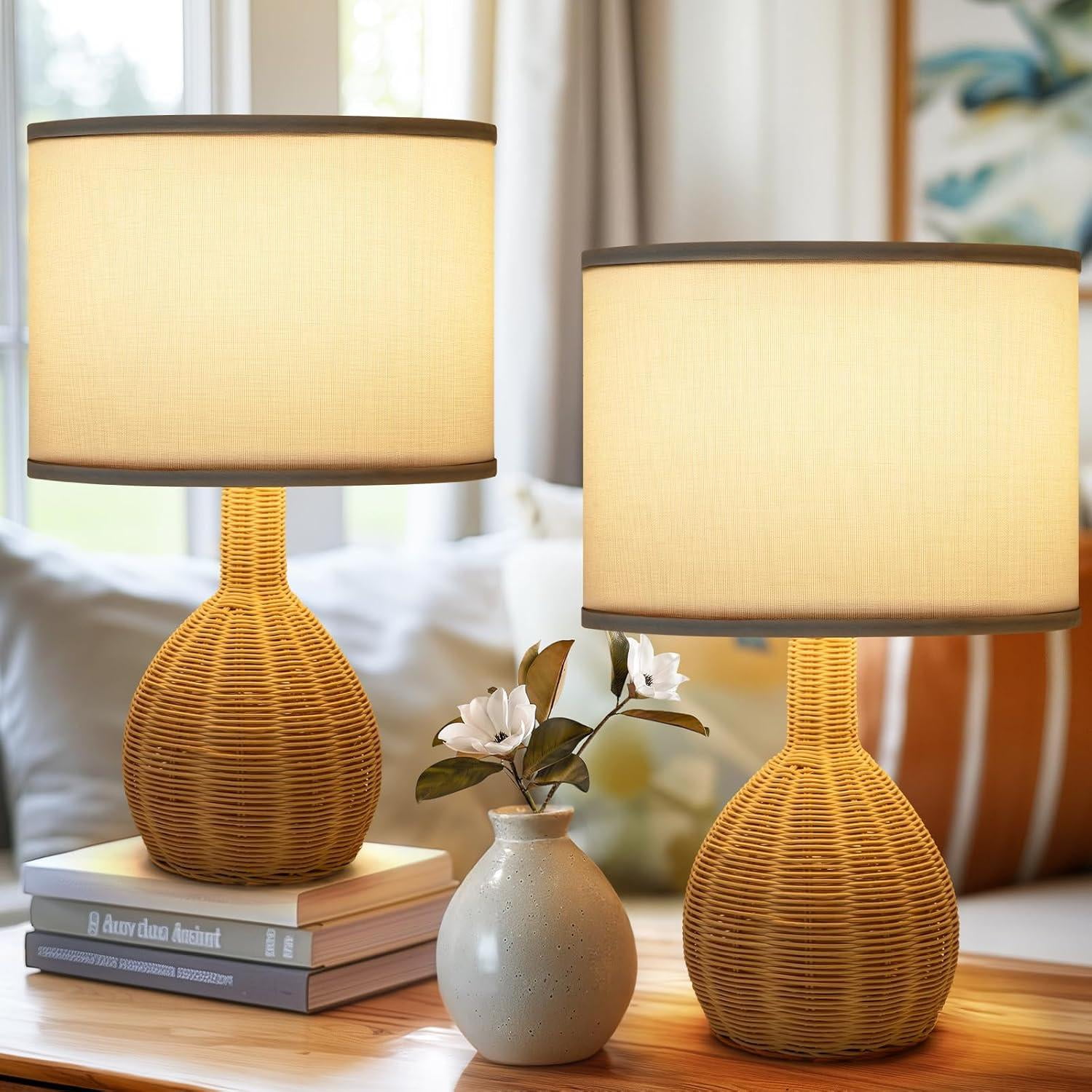 Rattan Table Lamp Set of 2 - Natural Woven Design, 15W LED Bulb ...