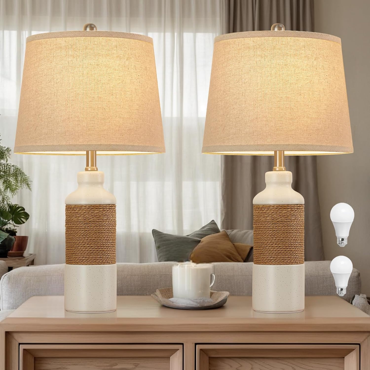 Rattan Table Lamp Set of 2, Wicker Lamps, 3 Way Dimmable Touch Seagrass ...