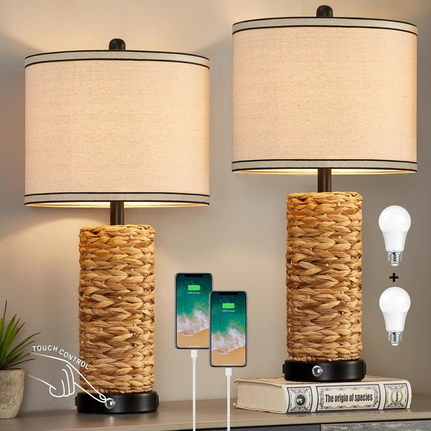 Rattan Table Lamp Set of 2, Wicker Lamps, 3 Way Dimmable Touch Seagrass ...