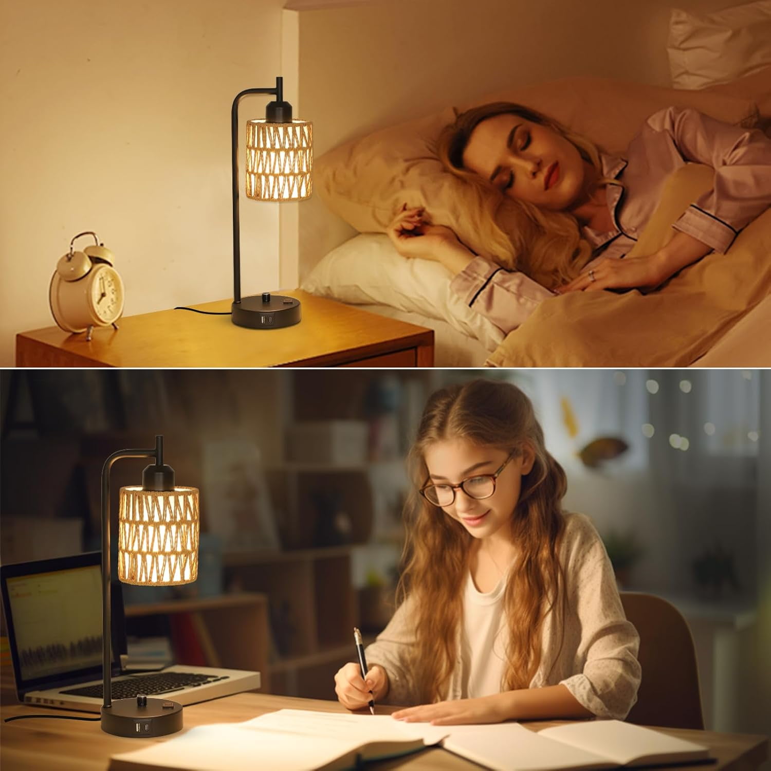 Rattan Table Lamps Set of 2, Boho Bedside Lamps with LED Bulbs, USB ...