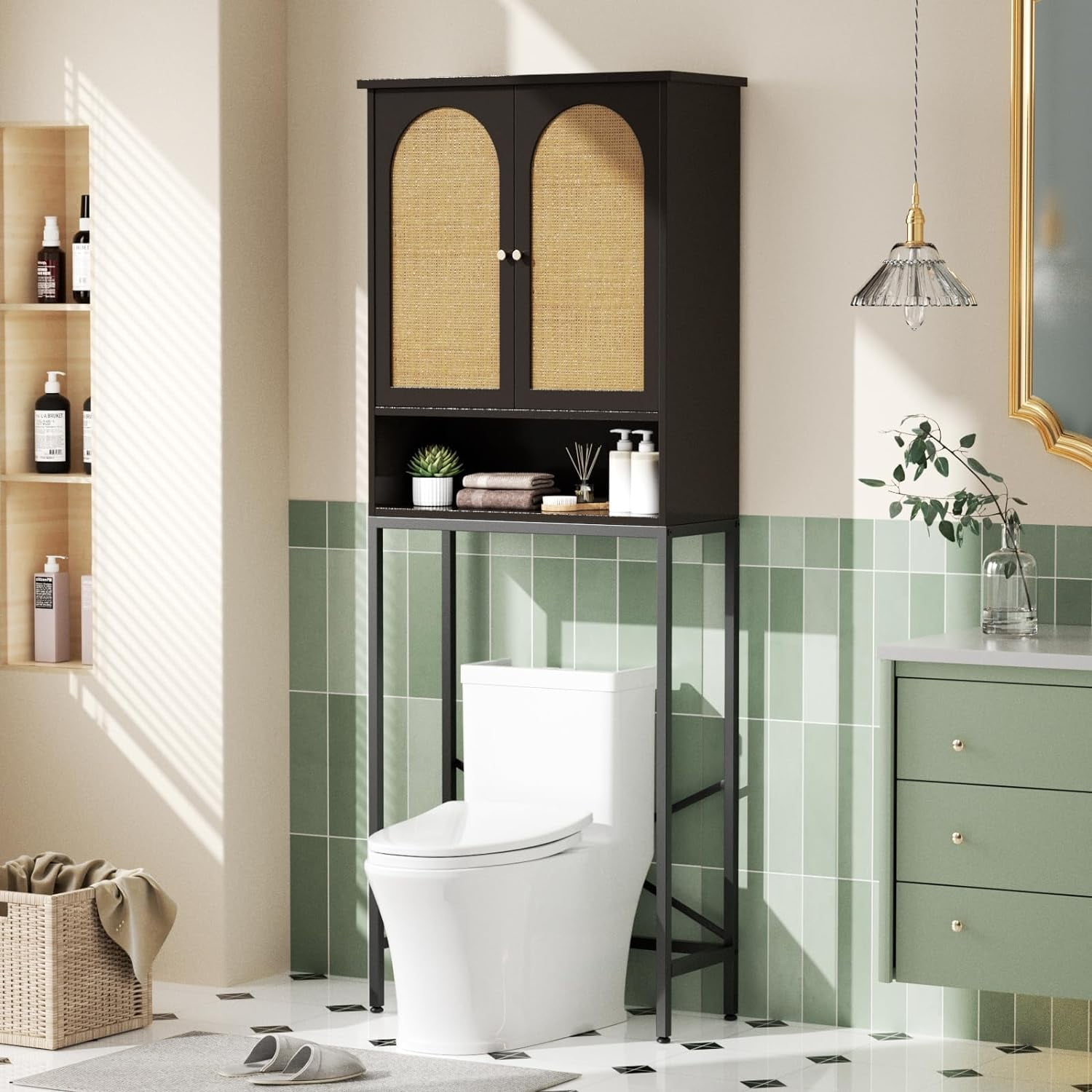Rattan Toilet Storage Cabinet, Over The Rack Wood Cabinet with Metal ...