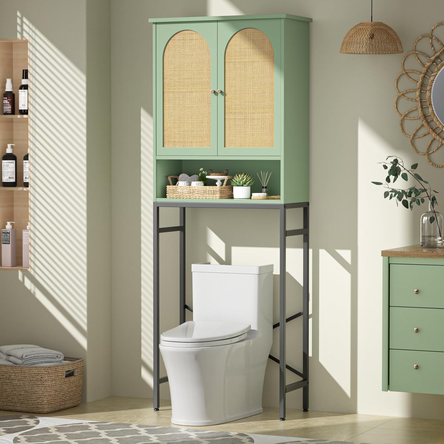 Rattan Toilet Storage Cabinet, Over The Rack Wood Cabinet with Metal ...