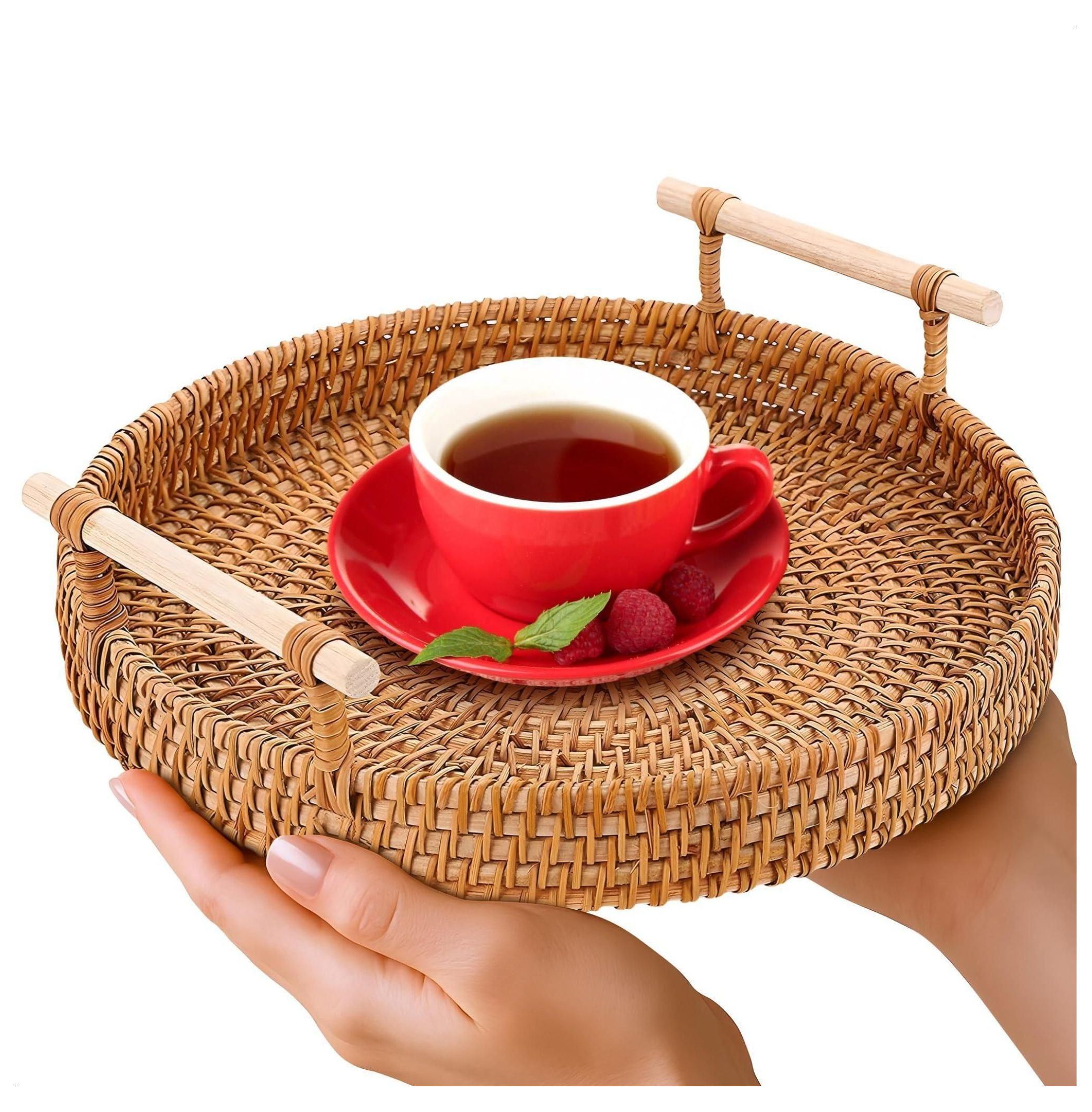 Rattan Tray 8.7 Inch Round Woven Serving Basket with Handles Decorative ...