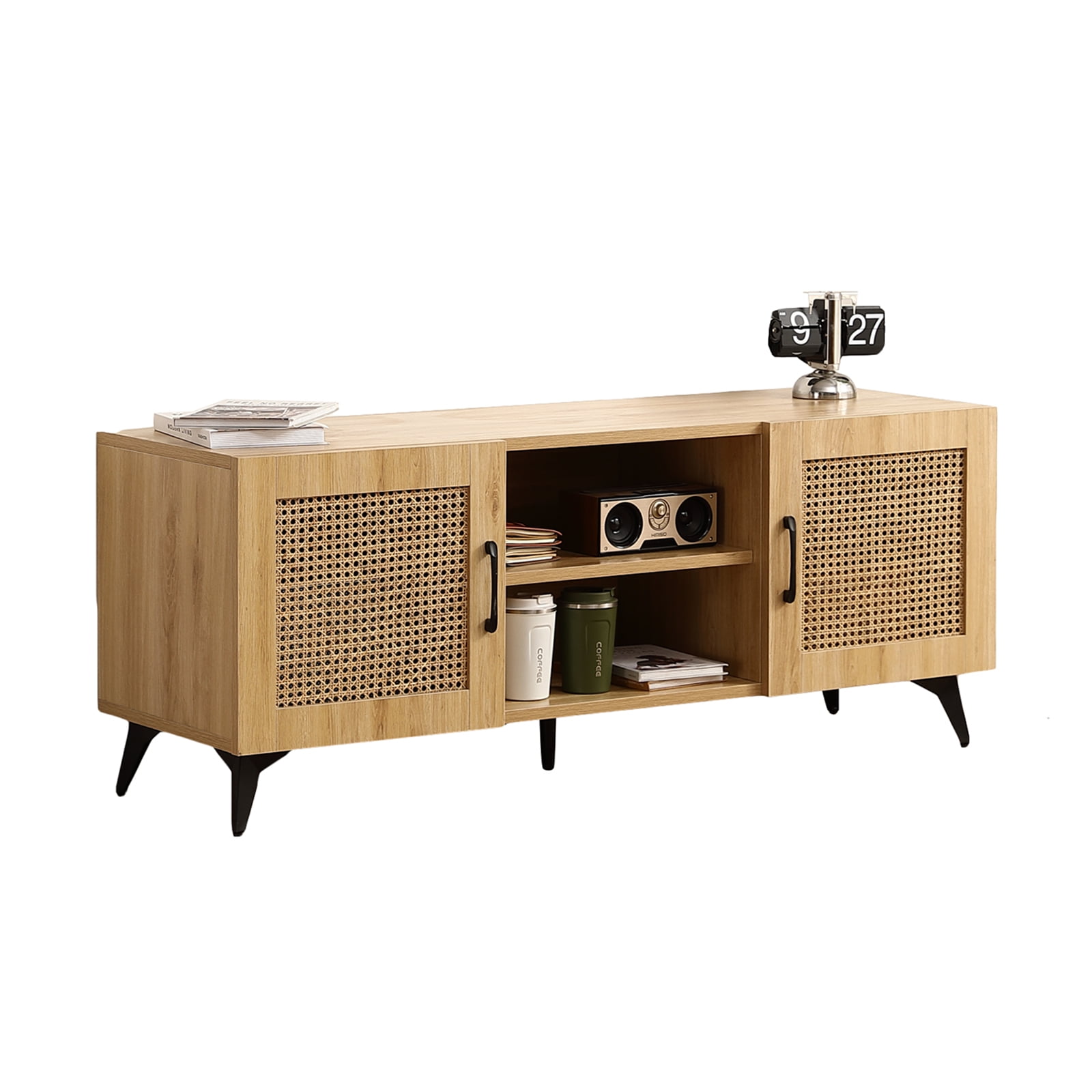 Rattan Tv Stand With 2 Doors And Open Shelves 2 Storage Spaces ...