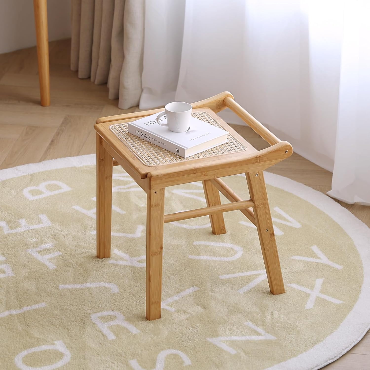 Rattan Vanity Stool, Modern Square Vanity Makeup Chair with Handle ...