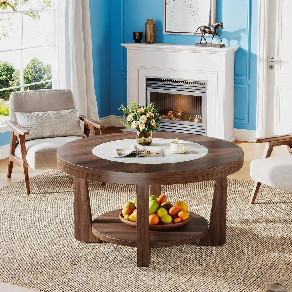 Rattan-Vibe Round Coffee Table - L-Shaped Legs, Double-Layer Design ...